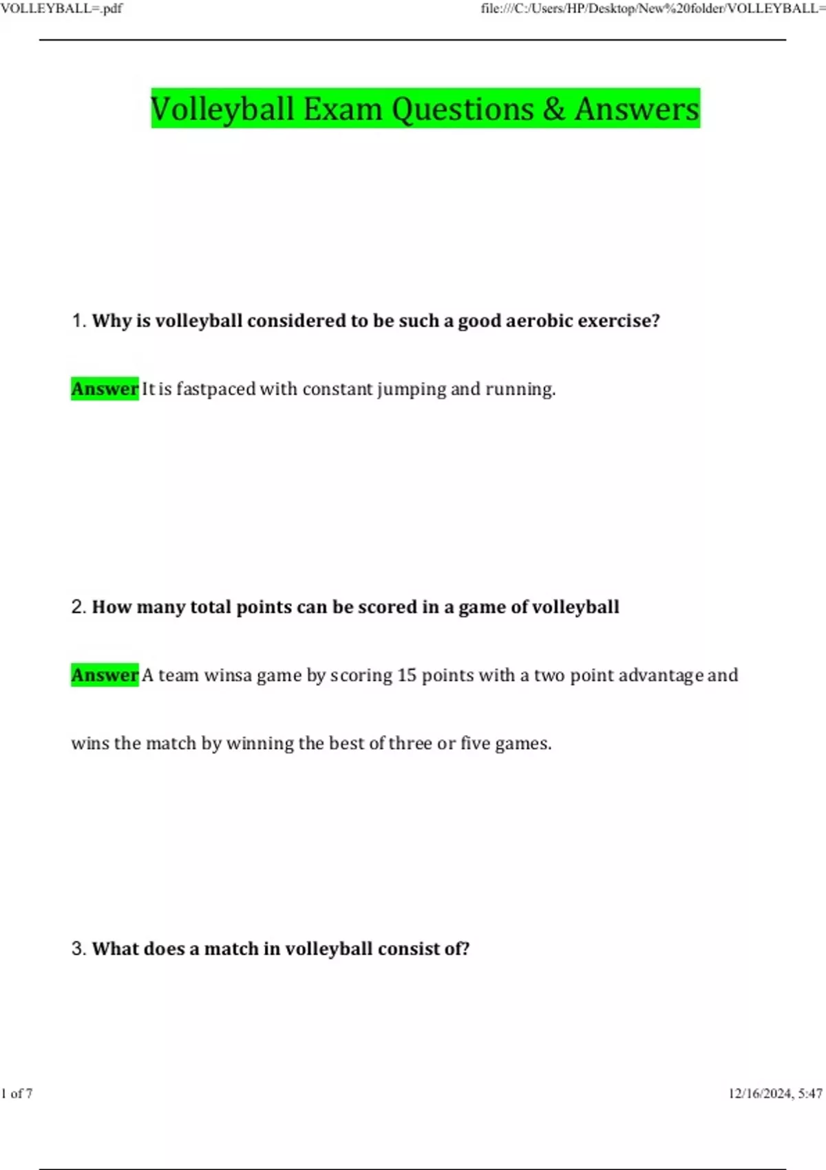 Volleyball Exam 2025 / 2026 | Questions and Verified Answers | 100% ...