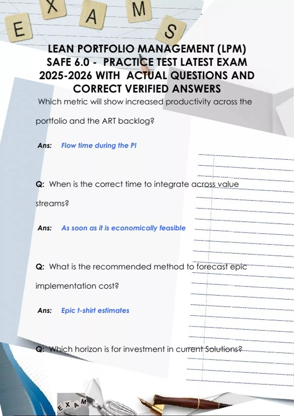 LEAN PORTFOLIO MANAGEMENT LATEST EXAM WITH ACTUAL QUESTIONS AND CORRECT ...