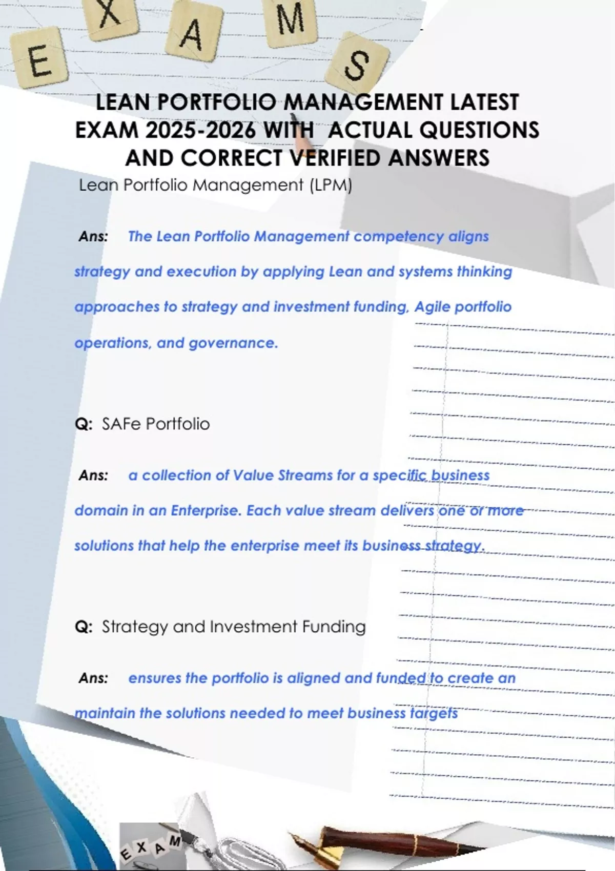 LEAN PORTFOLIO MANAGEMENT LATEST EXAM WITH ACTUAL QUESTIONS AND CORRECT ...
