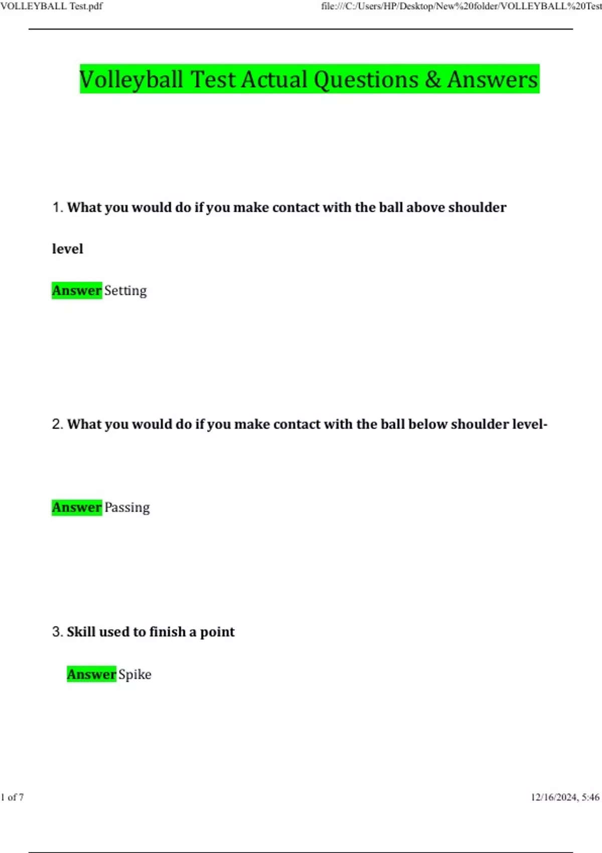 Volleyball Test 2025 | Questions and Verified Answers | 100% Correct ...