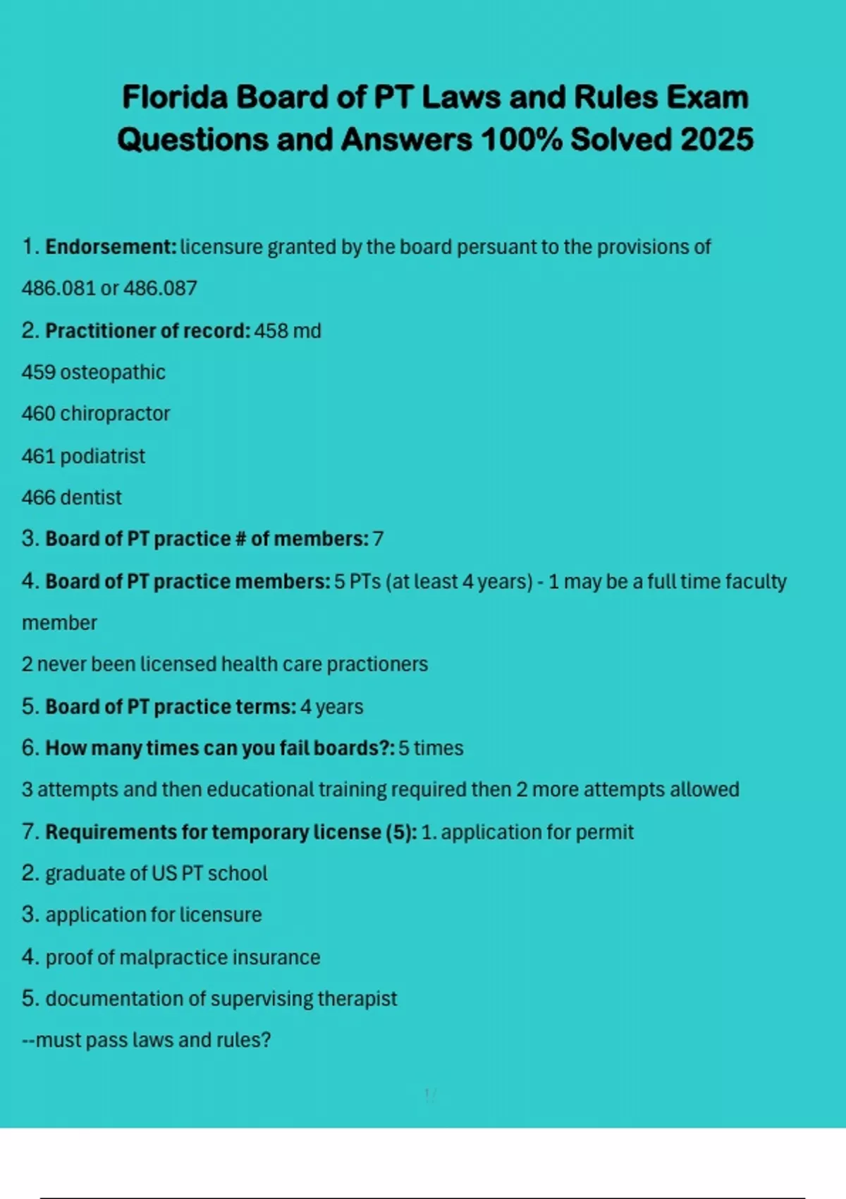 Florida Board of PT Laws and Rules Exam Questions and Answers 100% ...