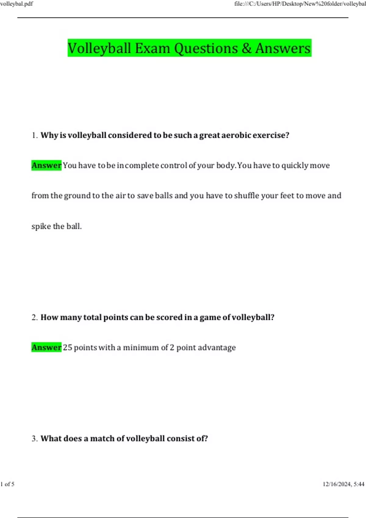 Volleyball Exam 2025 Questions and Answers (2025 / 2026) (Verified ...