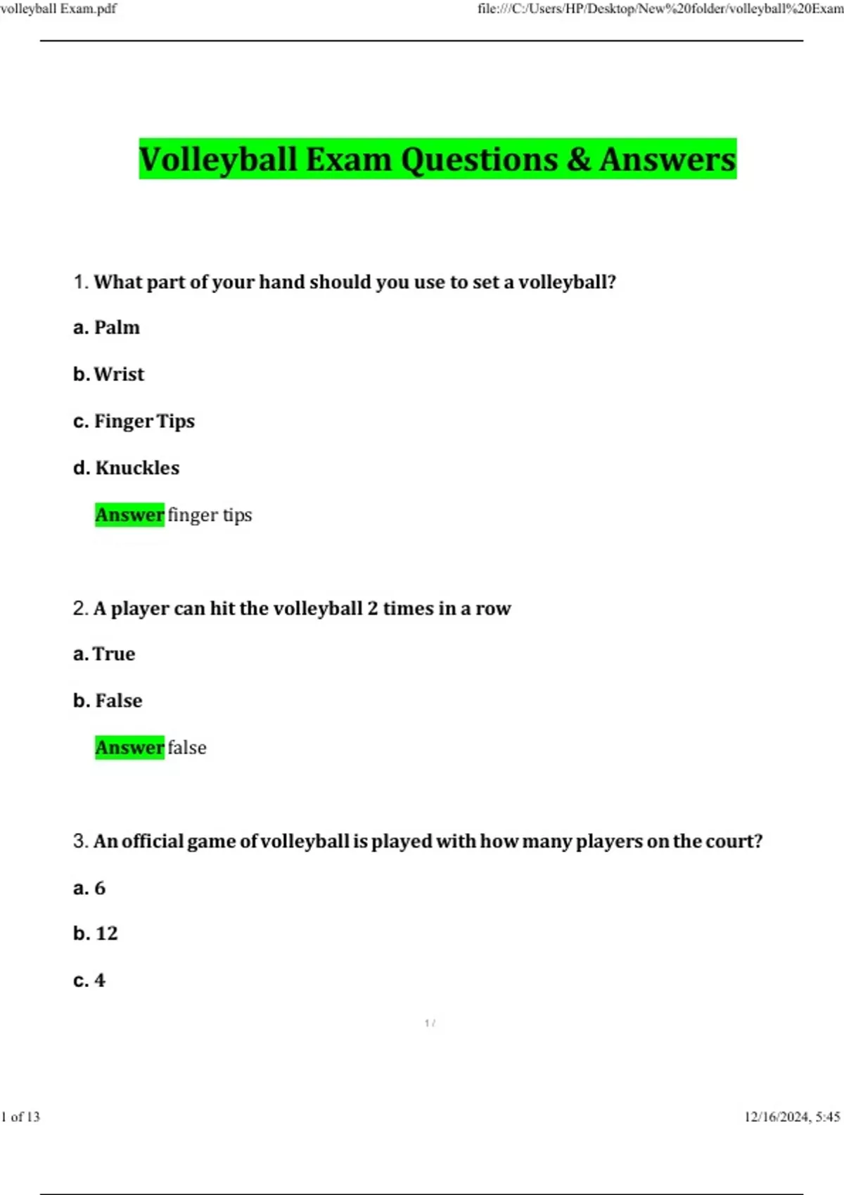 2025 Volleyball Exam Questions and Answers (2025 / 2026) (Verified ...