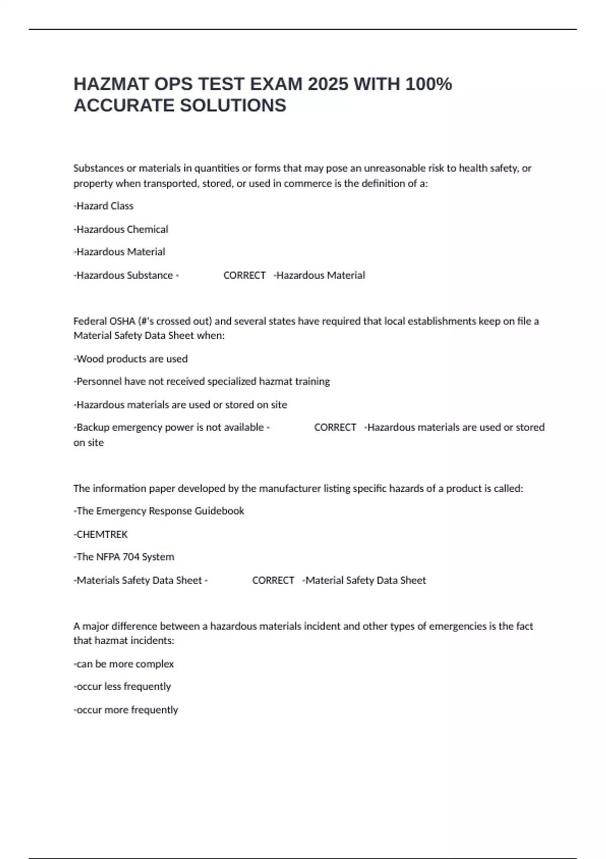 FCTC HAZMAT EXAM 2025 |150 QUESTIONS WITH ACCURATE SOLUTIONS - HAZMAT ...