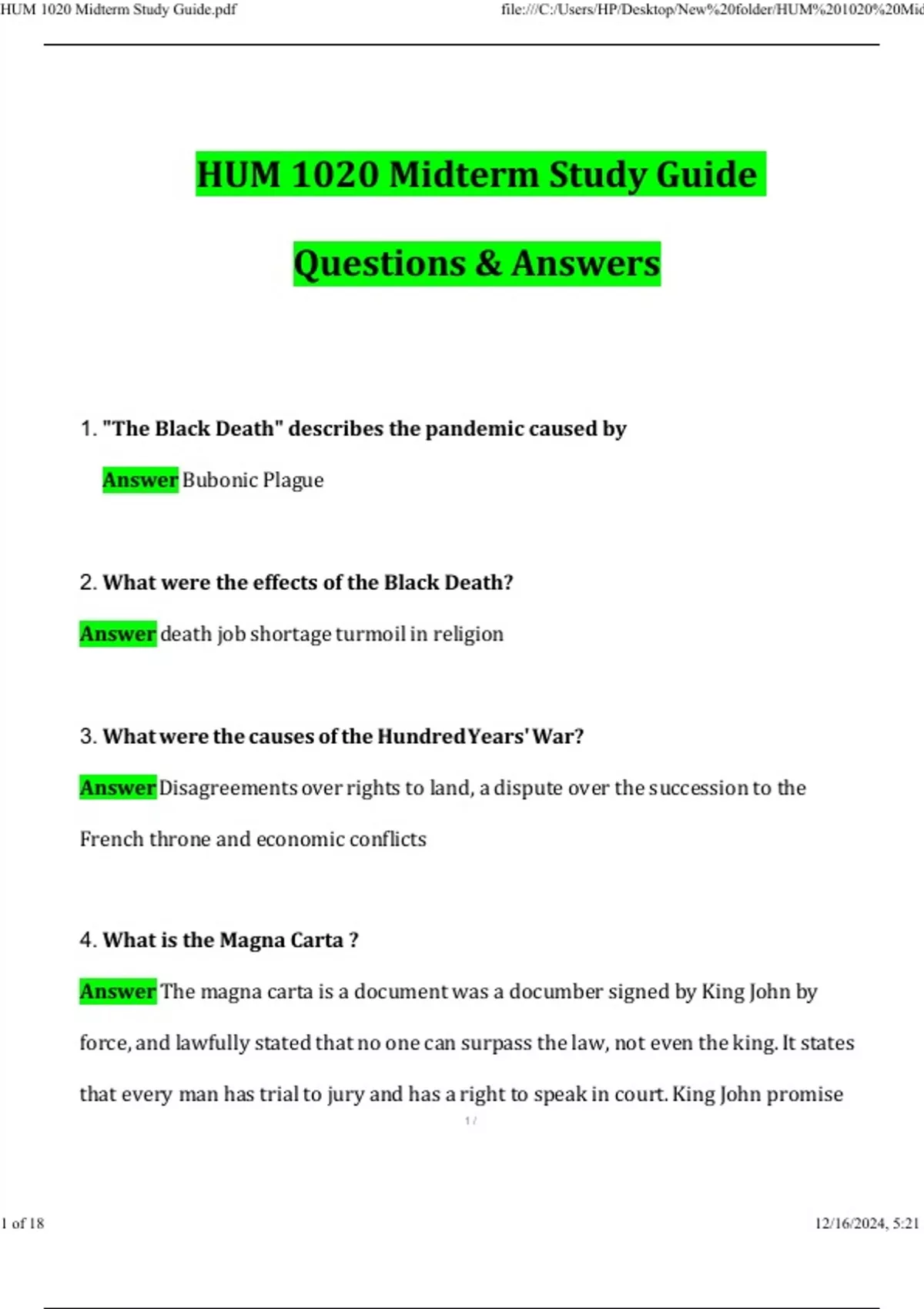 HUM 1020 Midterm Study Guide Actual 2025 Questions and Answers (2025 / 2026) (Verified Answers ...