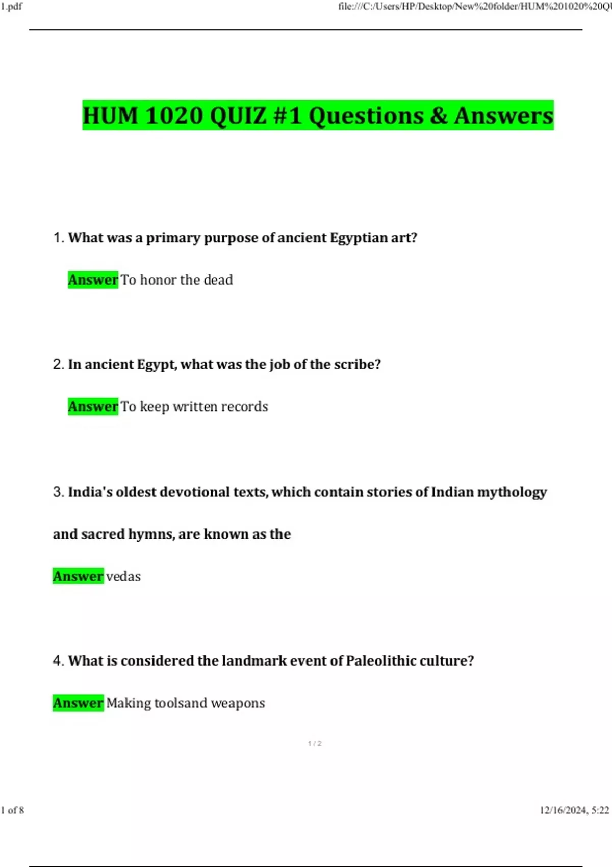 HUM 1020 QUIZ 1 Actual 2025 Questions and Answers (2025 / 2026) (Verified Answers) - HUM 1020 ...