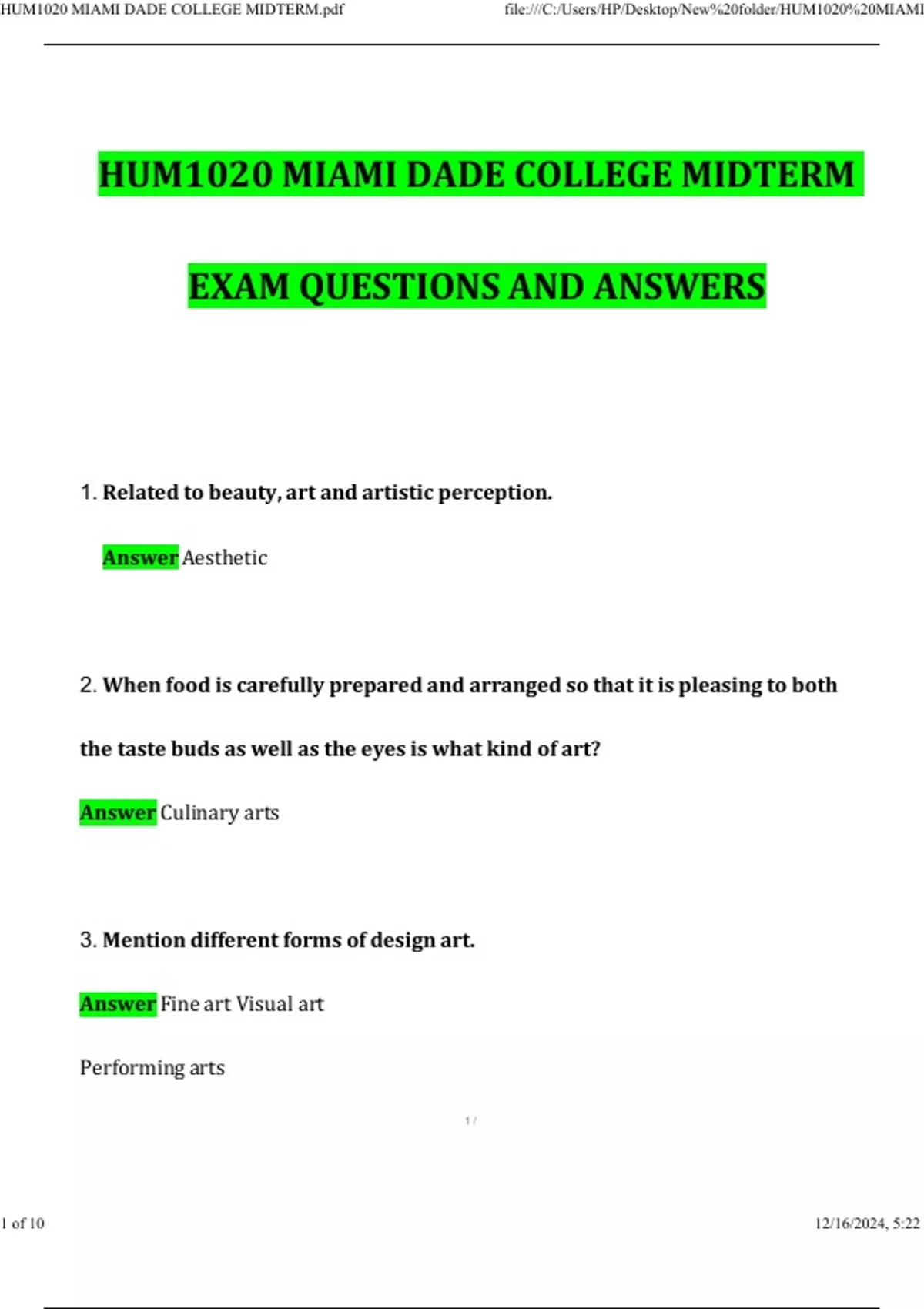 HUM1020 MIAMI DADE COLLEGE MIDTERM EXAM Actual 2025 Questions and ...