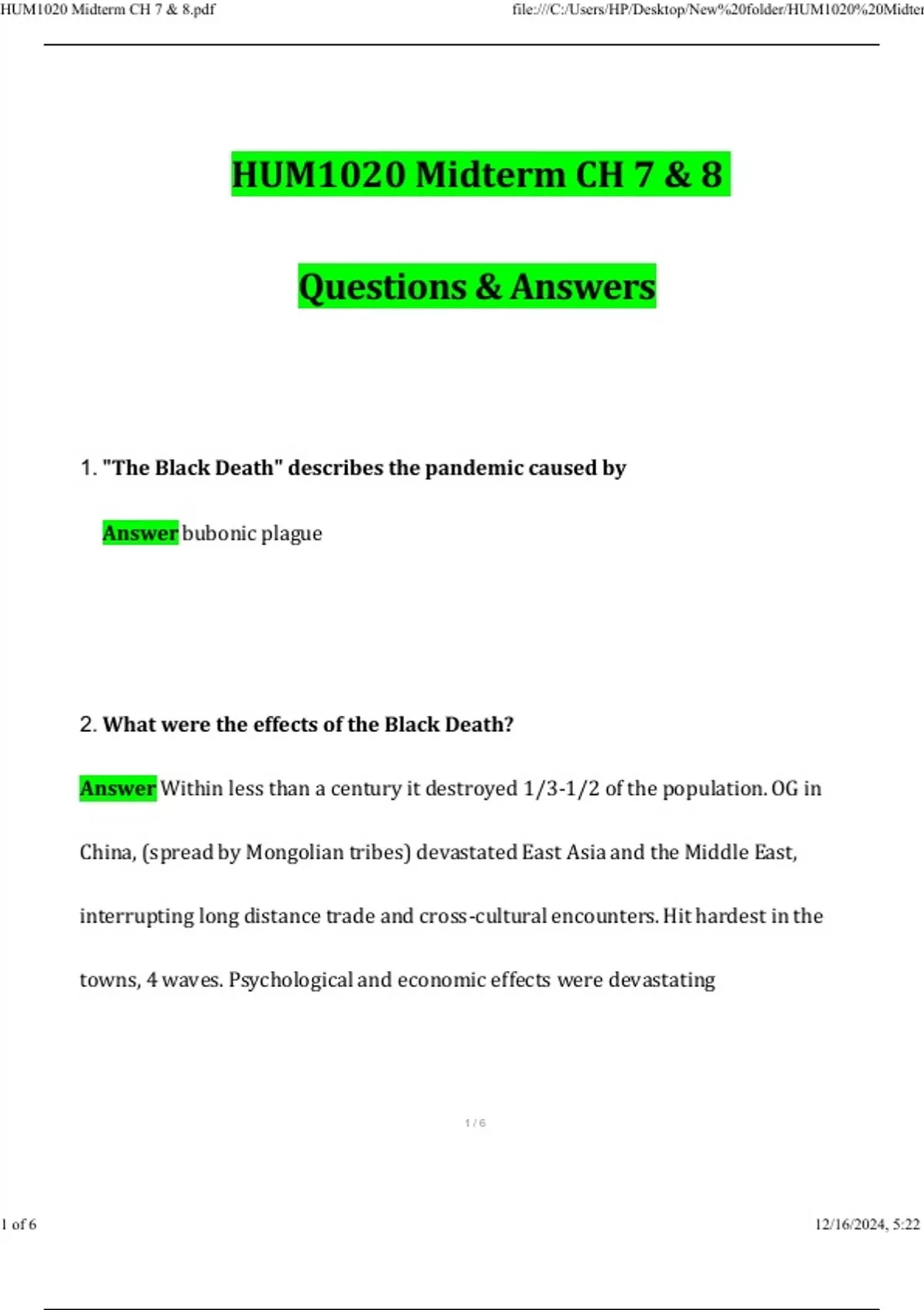 HUM1020 Midterm CH 7 & 8 Exam Actual 2025 Questions and Answers (2025 / ...