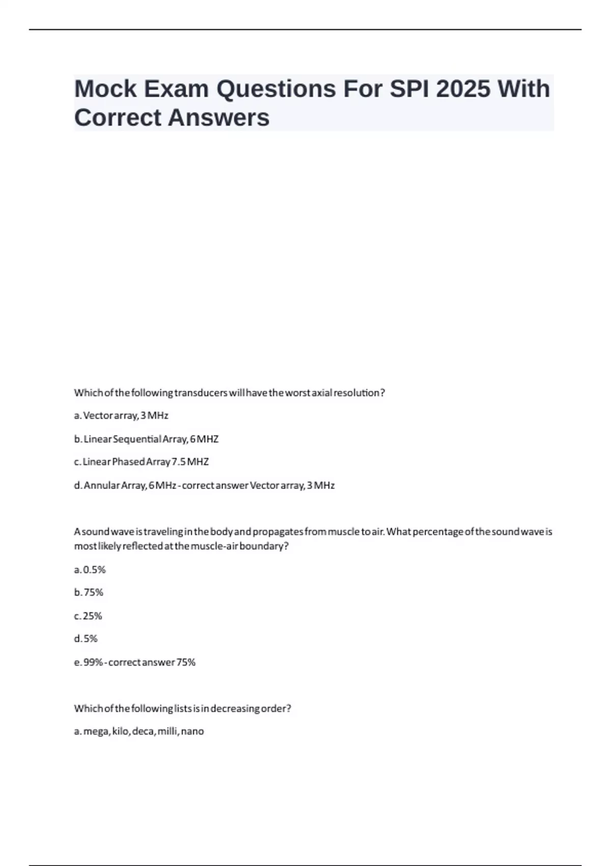 Mock Exam Questions For SPI 2025 With Correct Answers - ARDMS SPI - Stuvia US