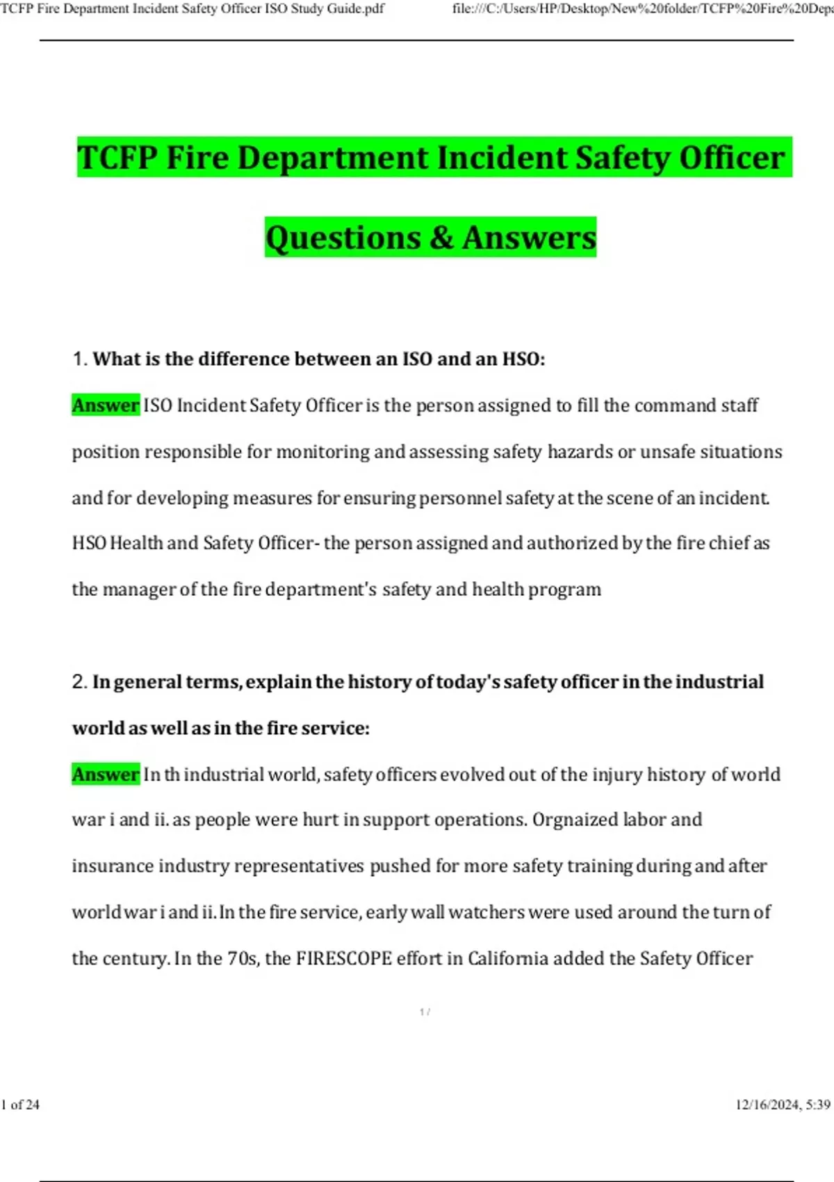 TCFP Fire Department Incident Safety Officer ISO Study Guide Questions ...