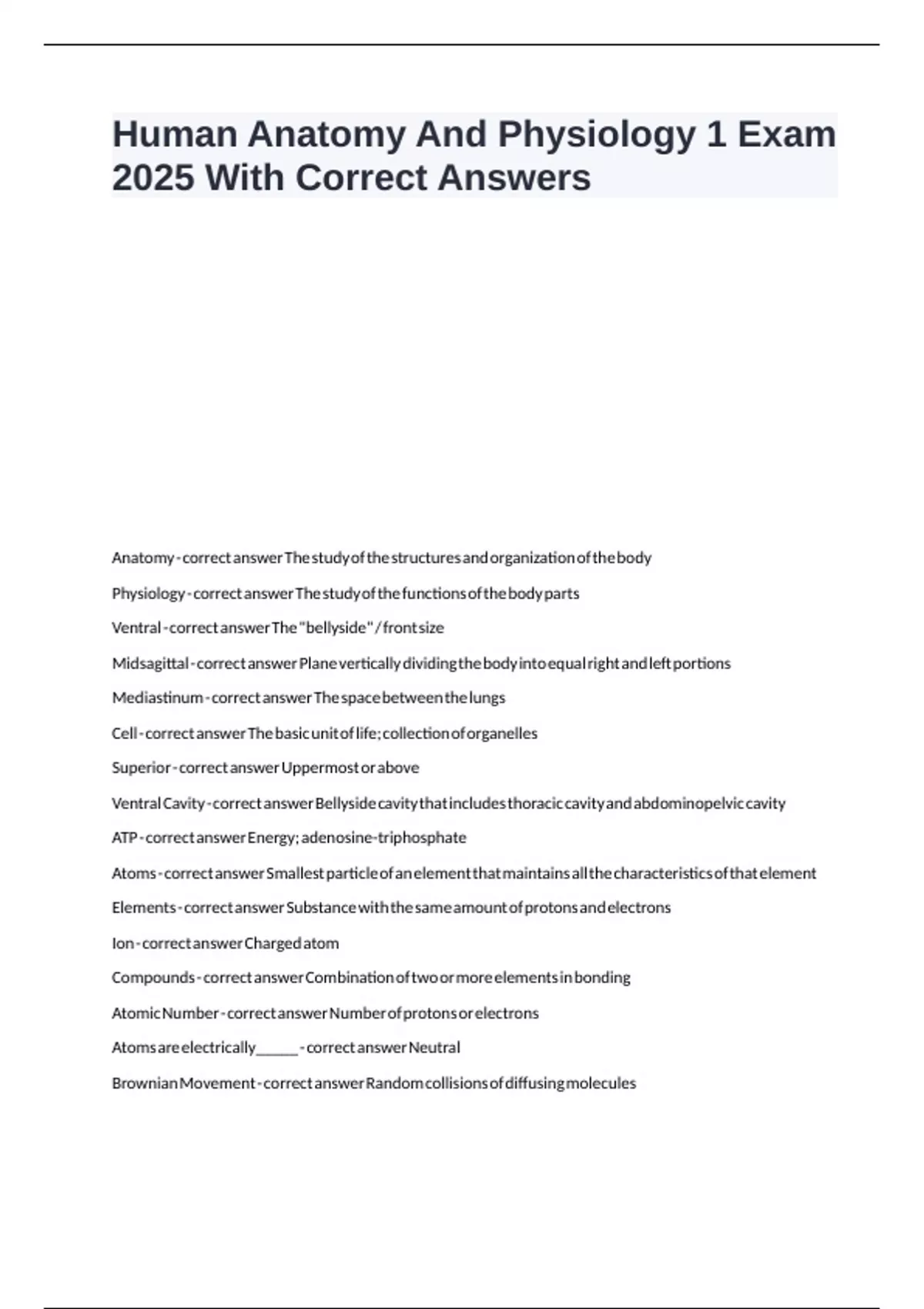 Human Anatomy And Physiology 1 Exam 2025 With Correct Answers. - Human ...