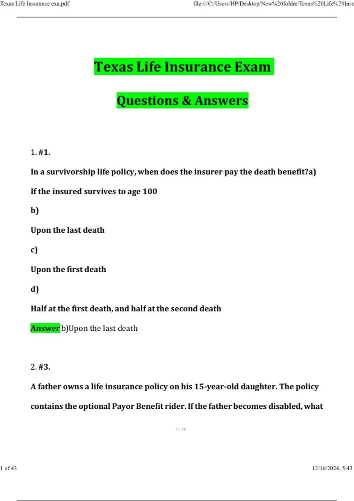 Texas Life Insurance Exam 2025 Questions and Answers (2025 / 2026 ...