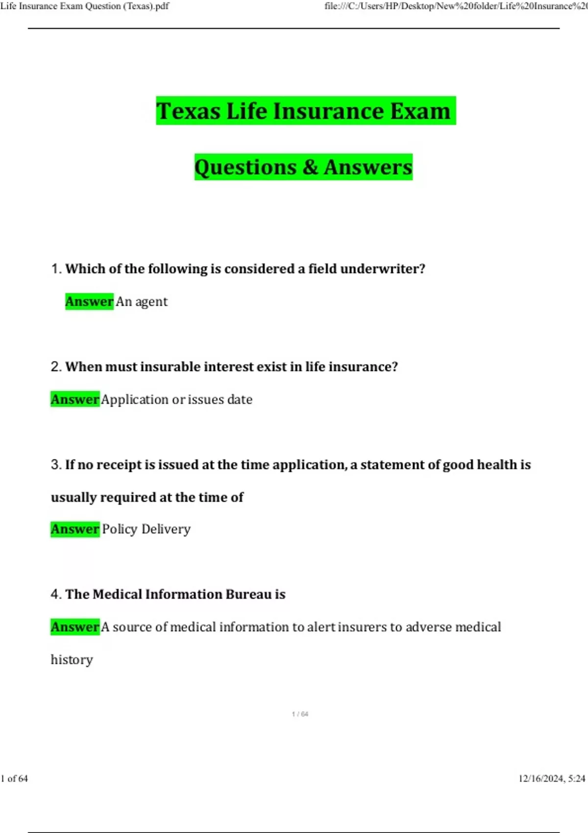 Texas Life Insurance Exam Latest Update 2025 Questions and Answers ...
