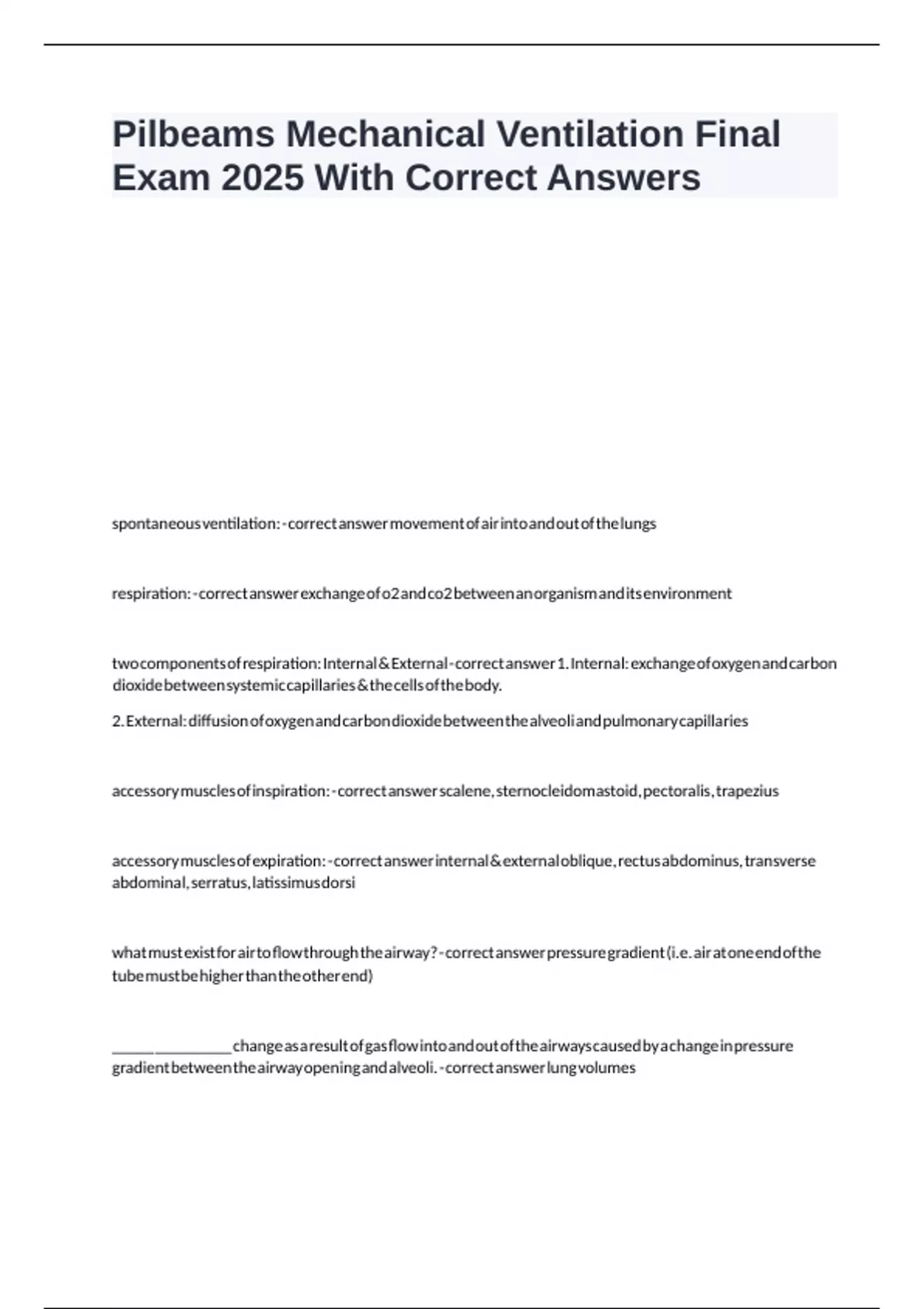 Pilbeams Mechanical Ventilation Final Exam 2025 With Correct Answers. - Mechanical ventilation ...