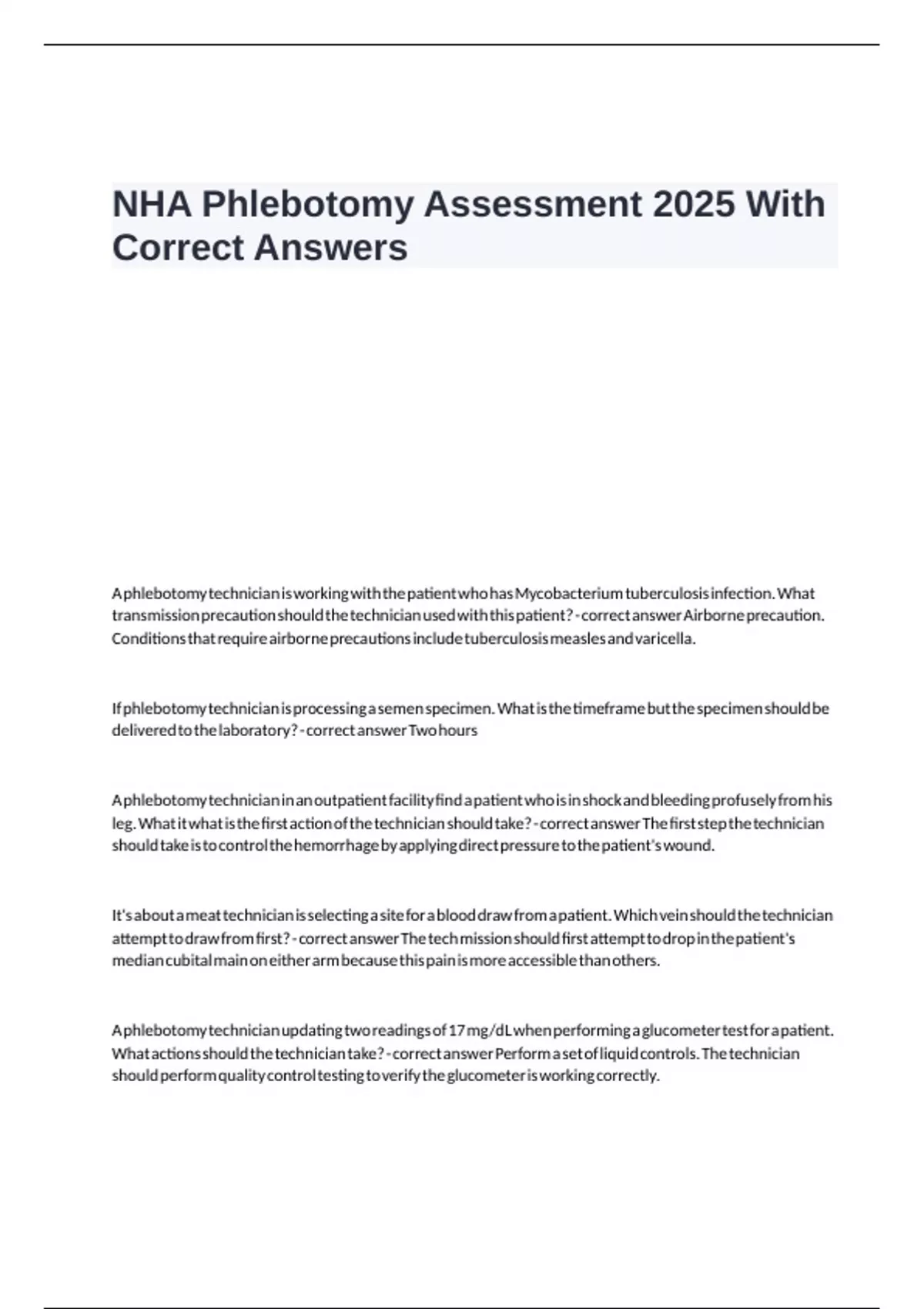 NHA Phlebotomy Assessment 2025 With Correct Answers - Nha phlebotomy ...