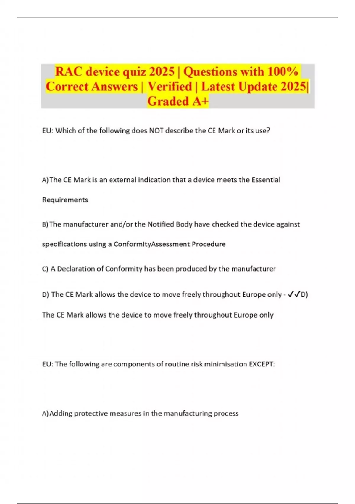 RAC device quiz 2025 | Questions with 100% Correct Answers | Verified ...