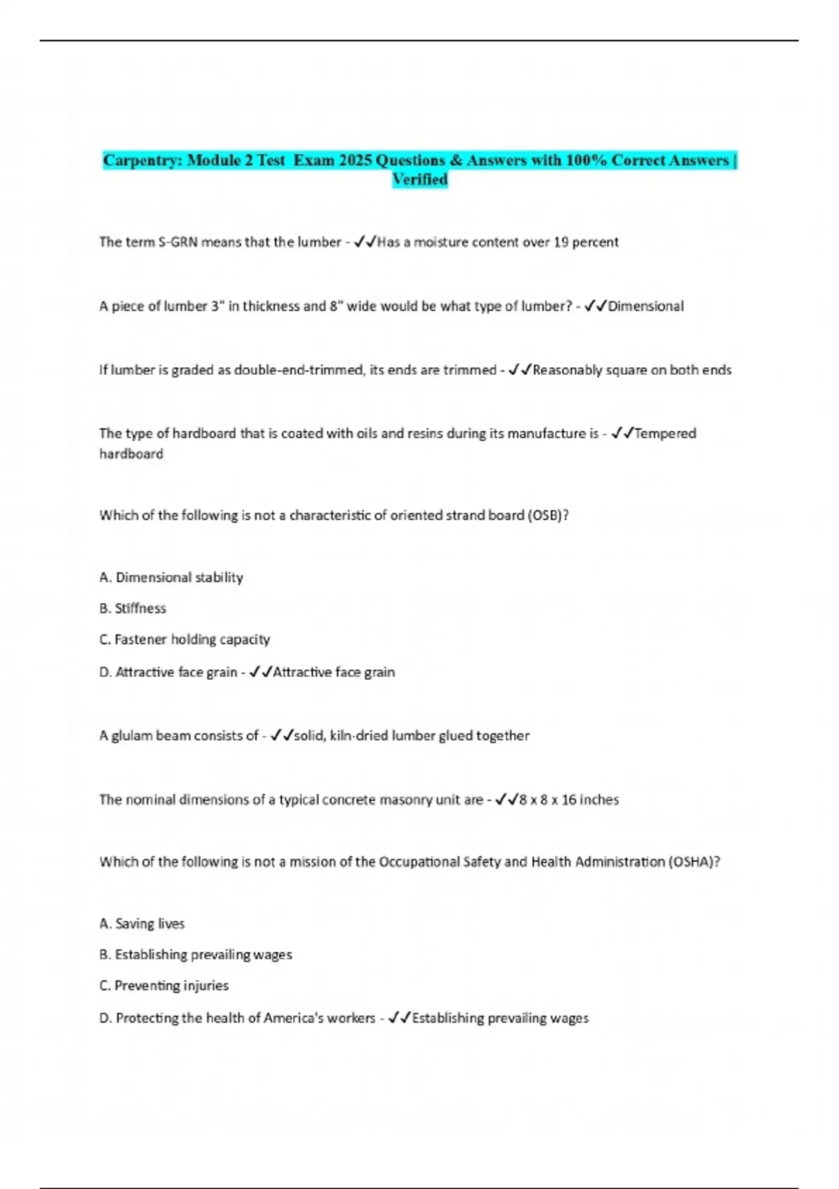Carpentry: Module 2 Test Exam 2025 Questions & Answers with 100% ...