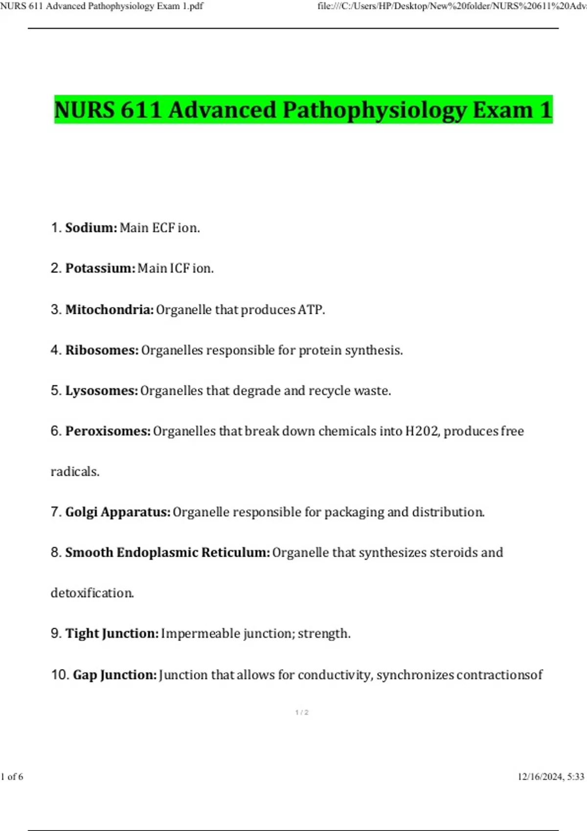 2025 NURS 611 Advanced Pathophysiology Exam 1 Actual Exam Questions & Answers 100% Correct ...