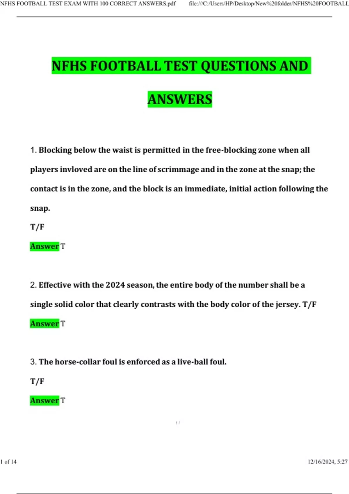 NFHS FOOTBALL TEST EXAM 2025 WITH 100% Correct Answers Verified by ...