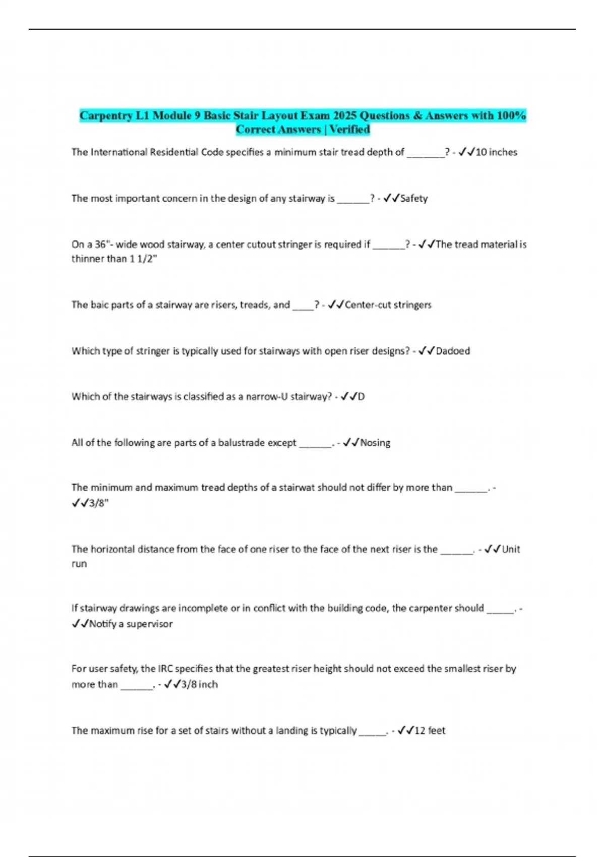 Carpentry L1 Module 9 Basic Stair Layout Exam 2025 Questions & Answers ...