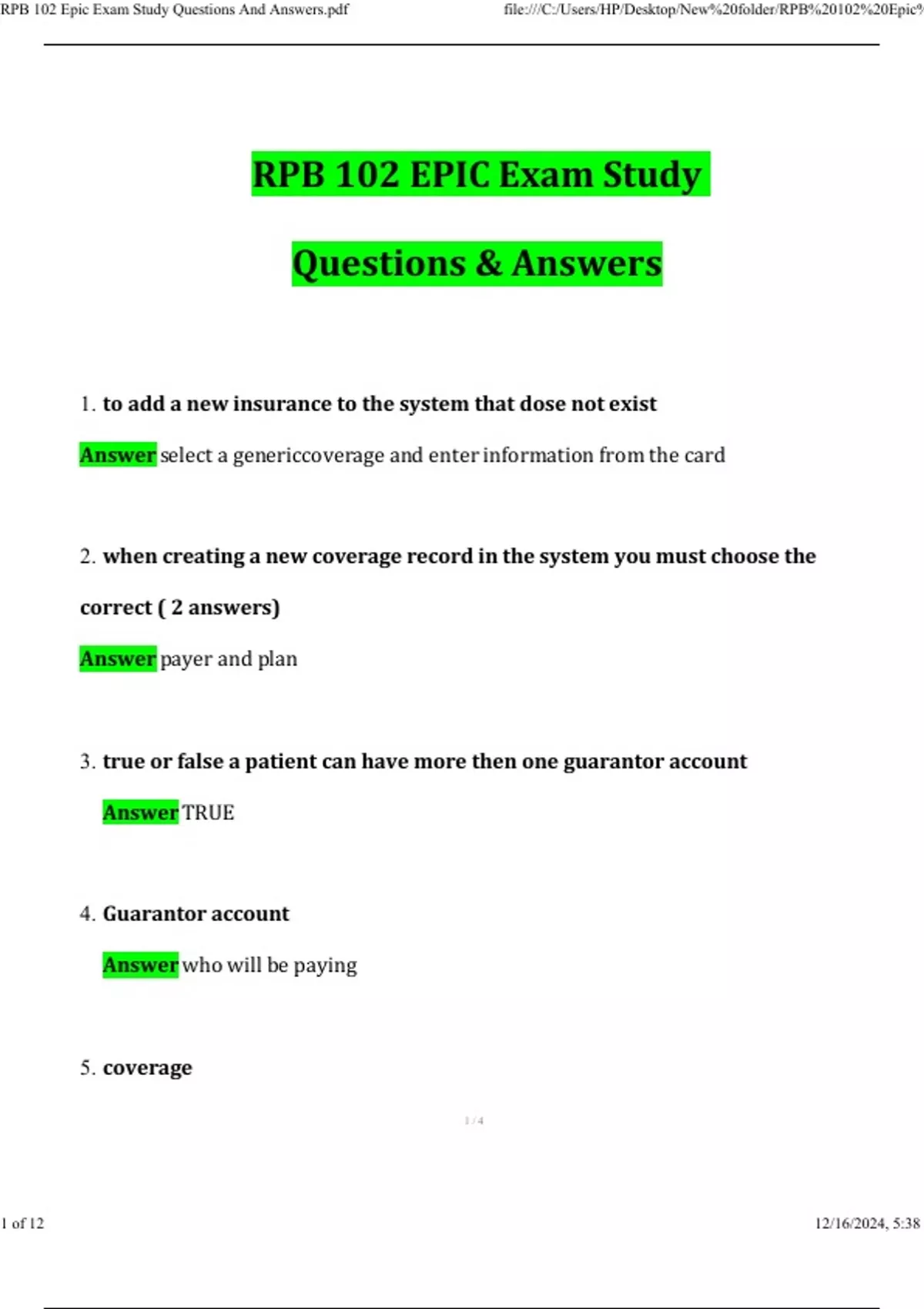 RPB 102 Epic Exam Study Actual 2025 Questions and Answers (2025 / 2026) (Verified Answers) - Rpb ...