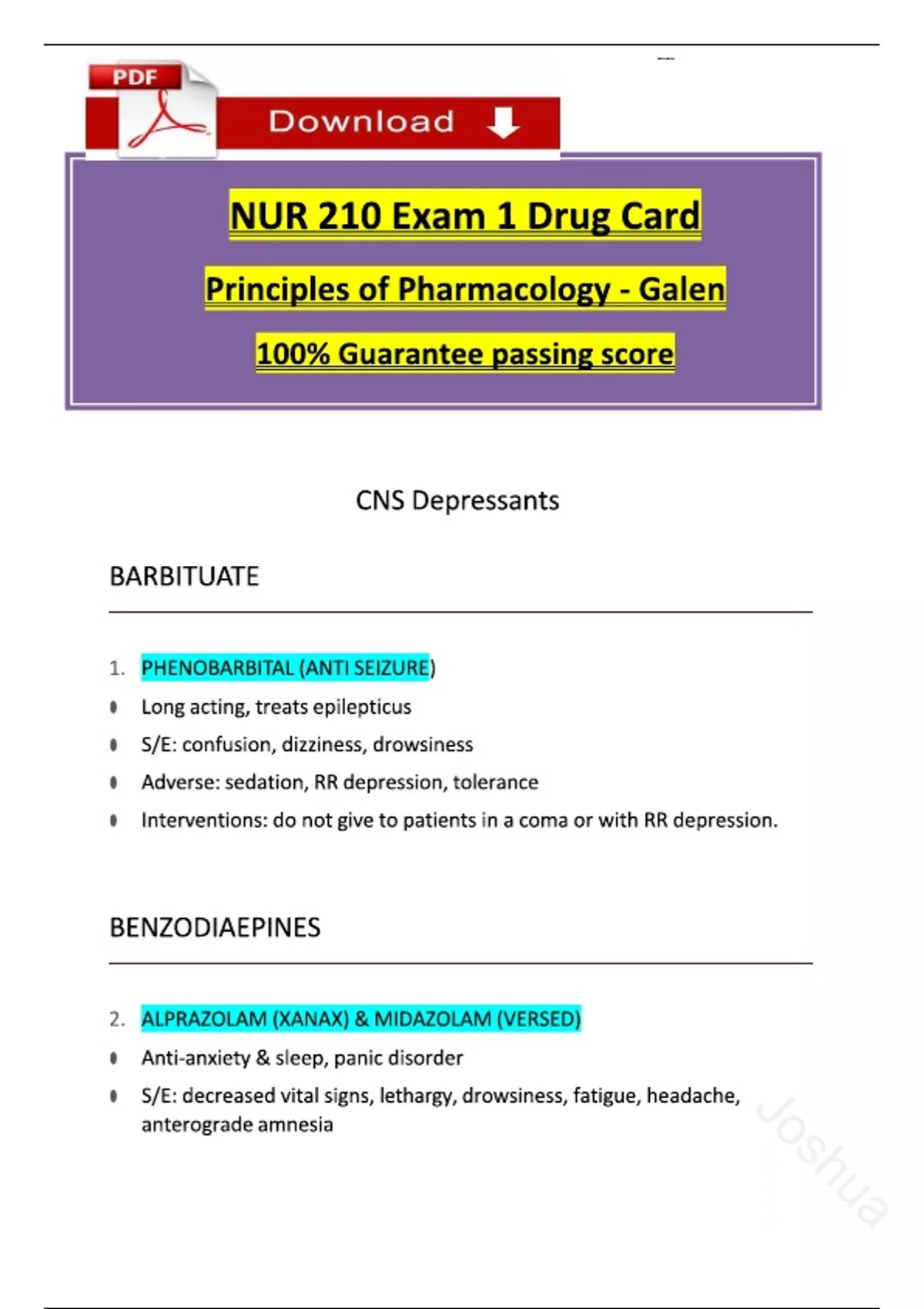 NUR210 / NUR 210 Exam 1 Drug Card - Principles of Pharmacology -Galen ...