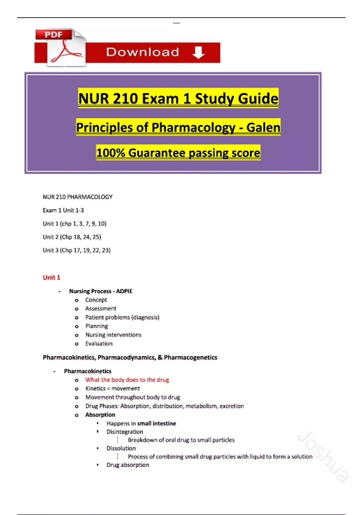 NUR210 / NUR 210 Exam 1 Study Guide (Latest 2025 / 2026): Principles of ...