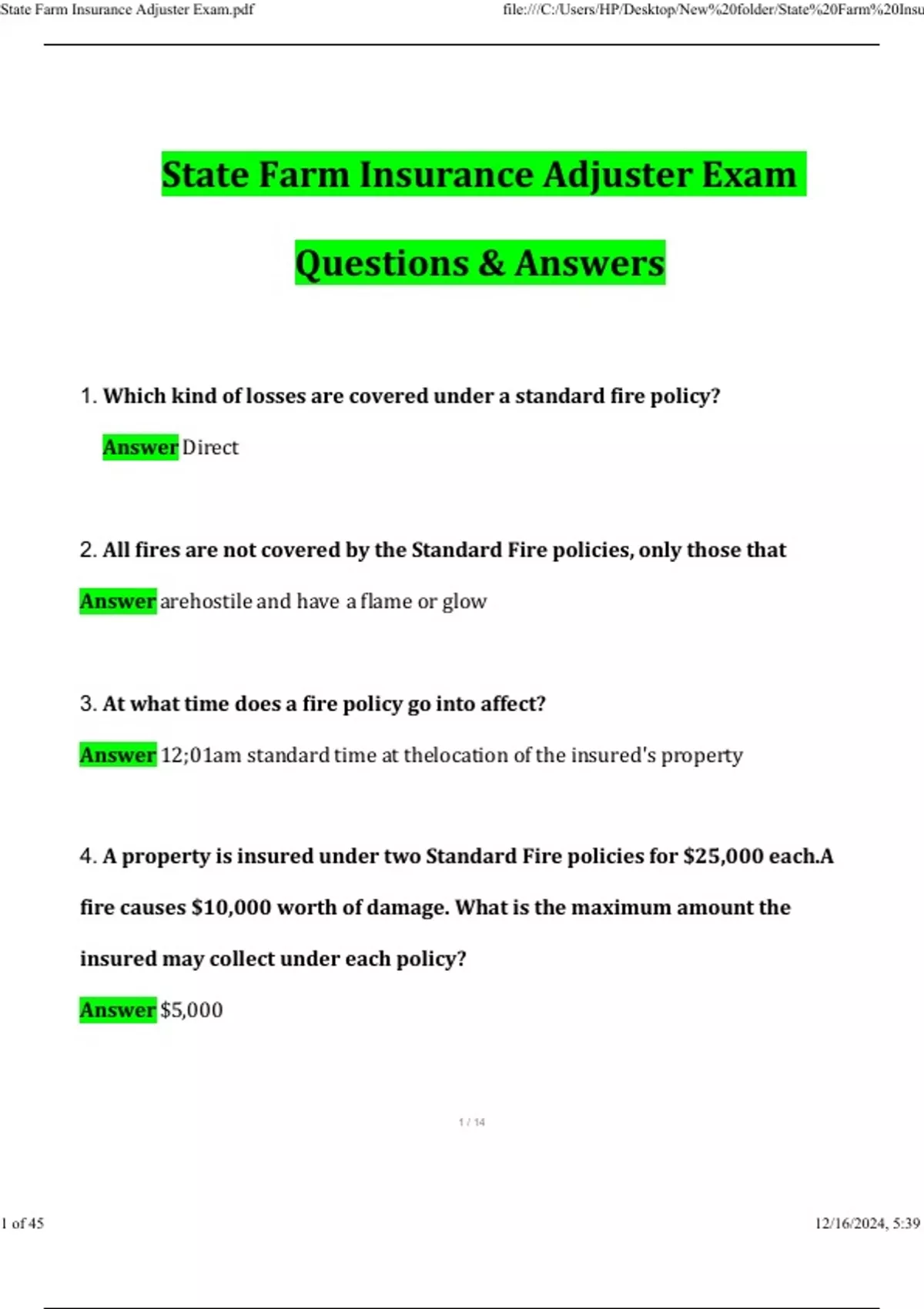 State Farm Insurance Adjuster Exam 2025 Questions with Correct Answers ...