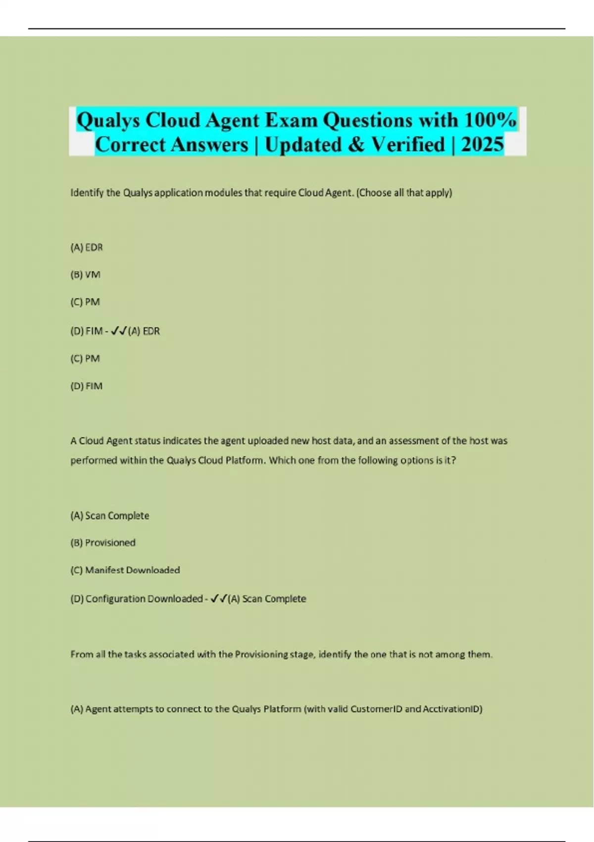 Qualys Cloud Agent Exam Questions with 100% Correct Answers | Updated & Verified | 2025 - Qualys ...