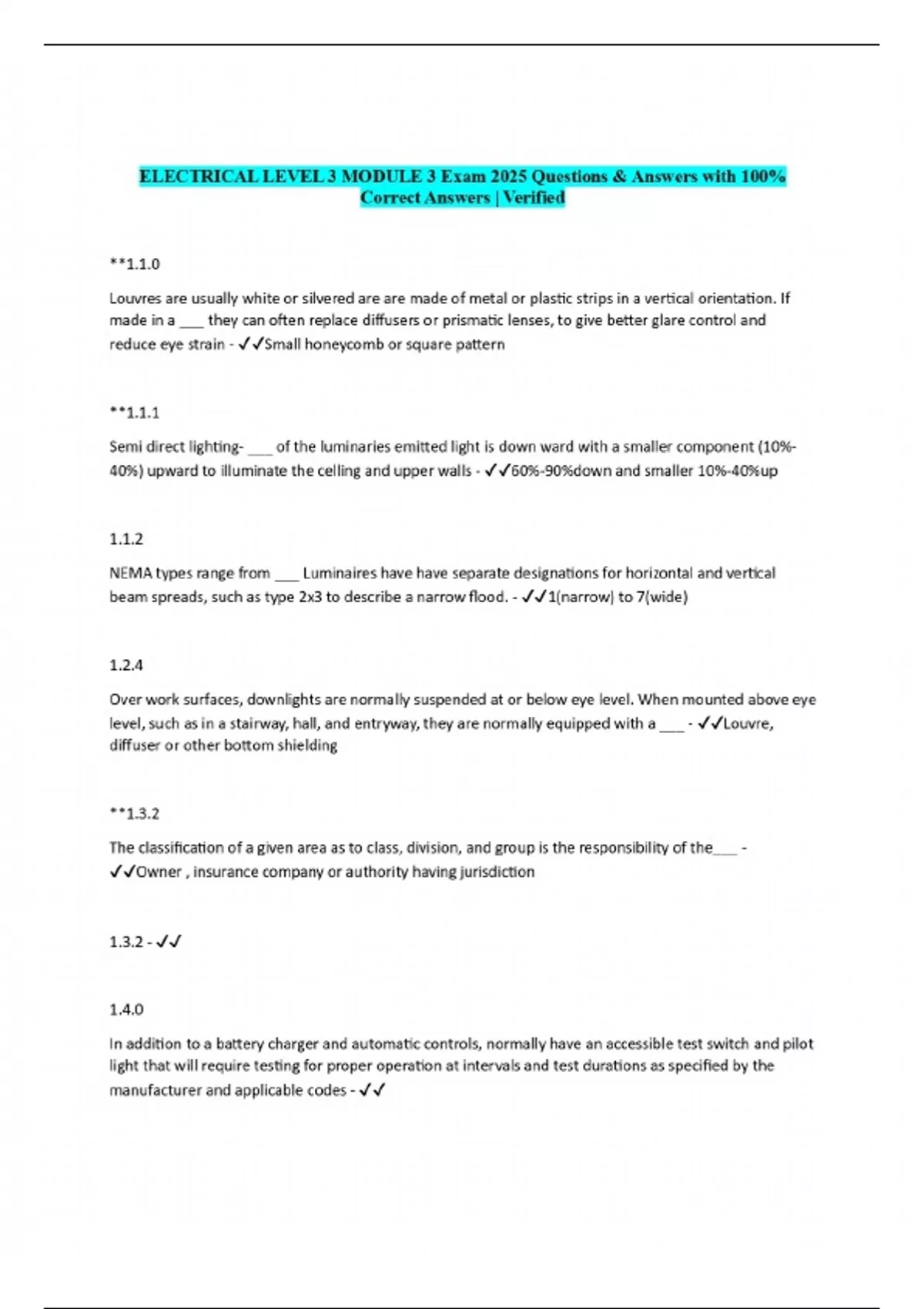 ELECTRICAL LEVEL 3 MODULE 3 Exam 2025 Questions & Answers with 100% ...