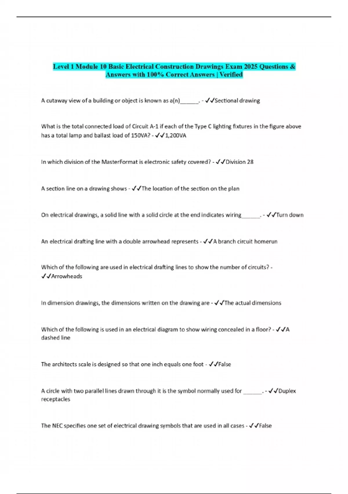 Level 1 Module 10 Basic Electrical Construction Drawings Exam 2025 ...