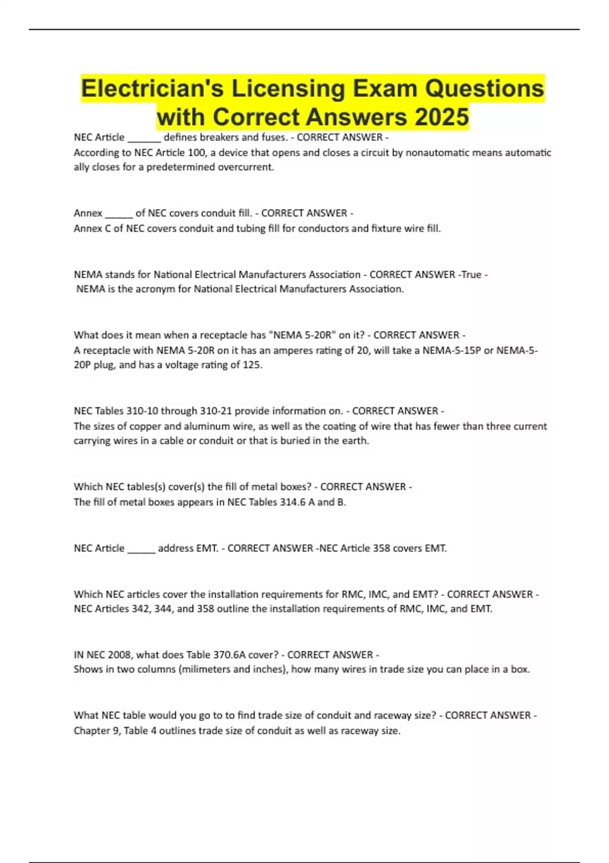 Electrician-s Licensing Exam Questions with Correct Answers 2025 ...