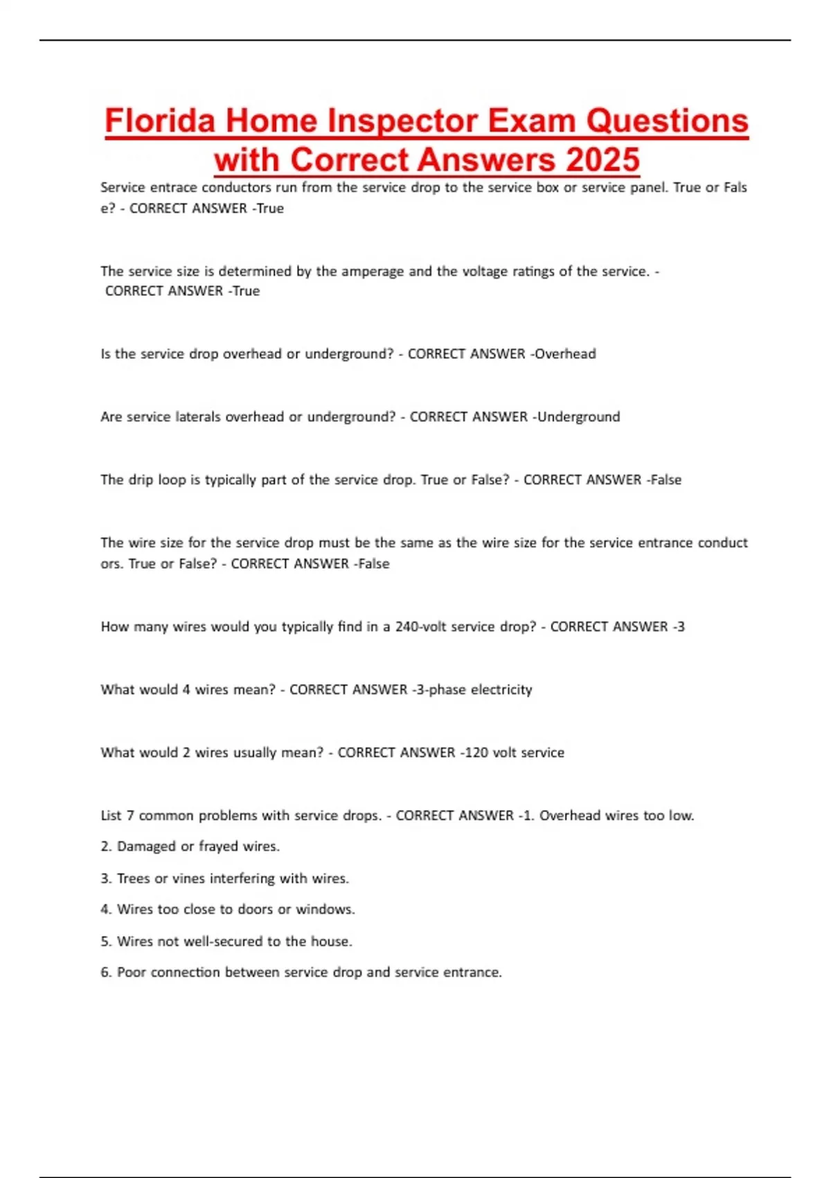 Florida Home Inspector Exam Questions with Correct Answers 2025 ...