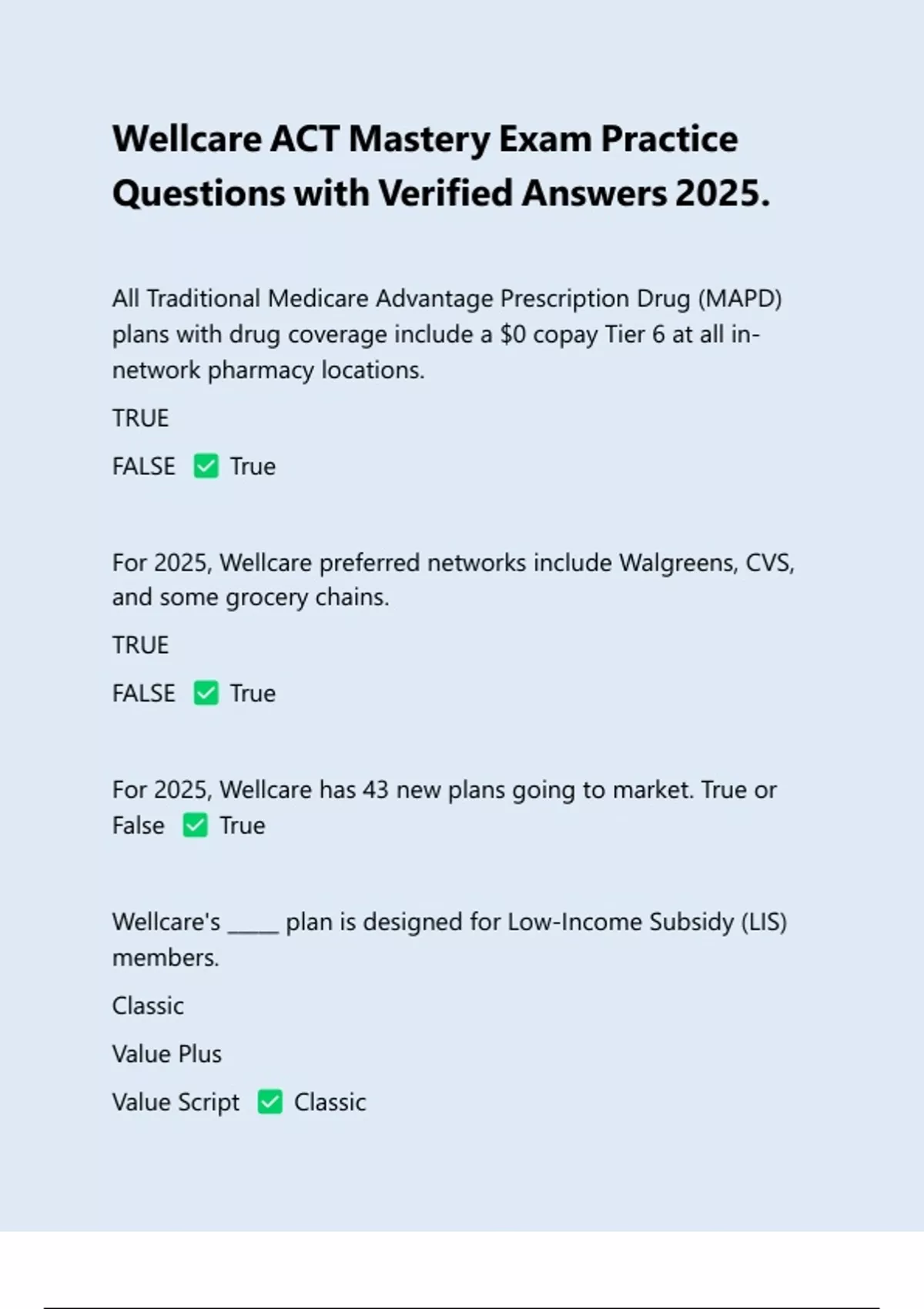 Wellcare ACT Mastery Exam Practice Questions with Verified Answers ...