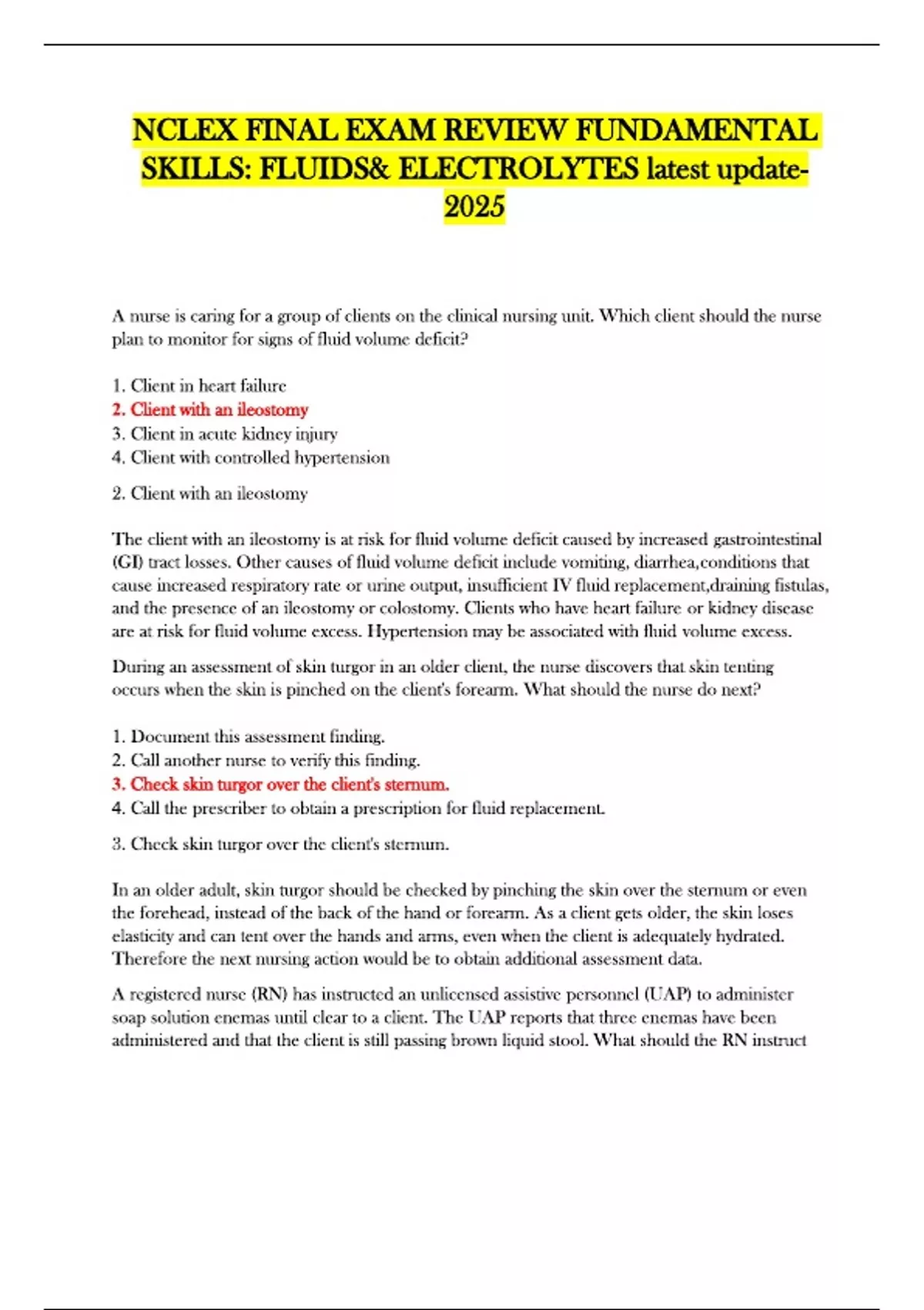 NCLEX FINAL EXAM REVIEW FUNDAMENTAL SKILLS: FLUIDS & ELECTROLYTES ...