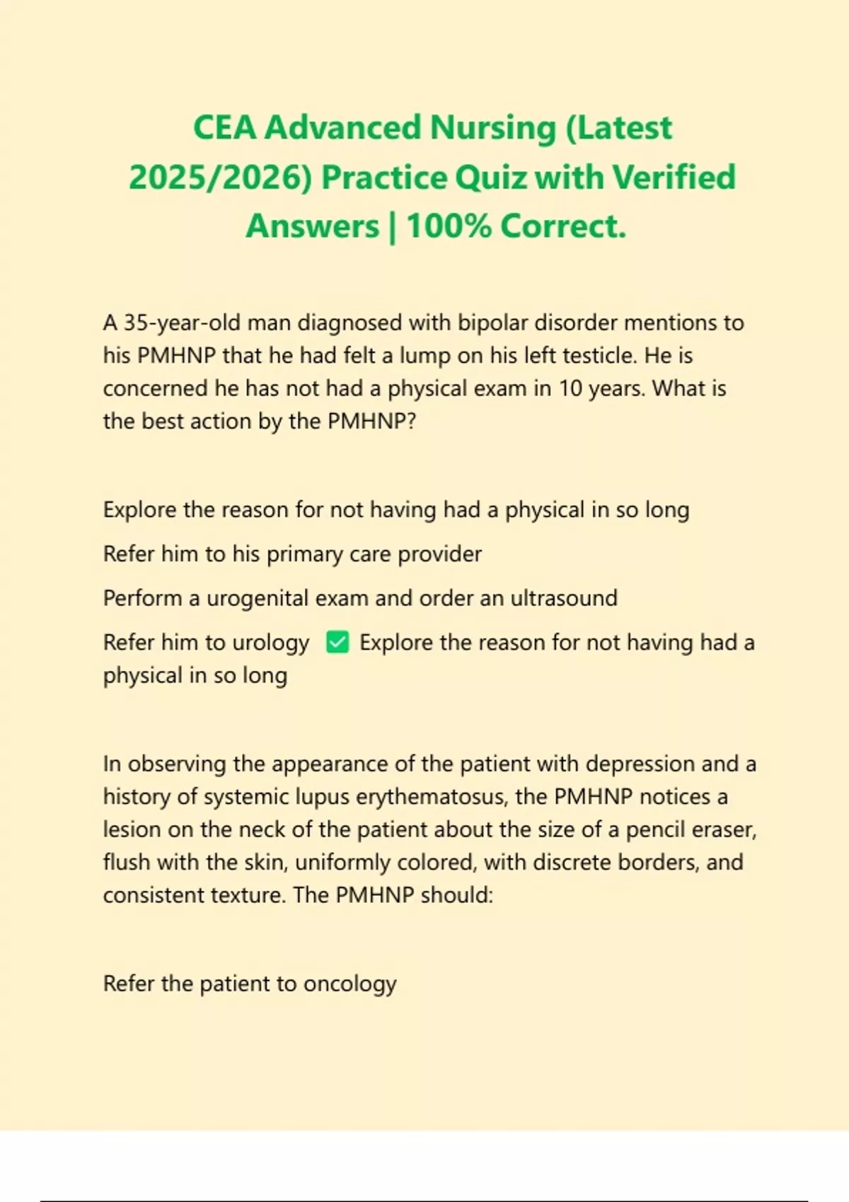 CEA Advanced Nursing (Latest 2025/2026) Practice Quiz with Verified ...