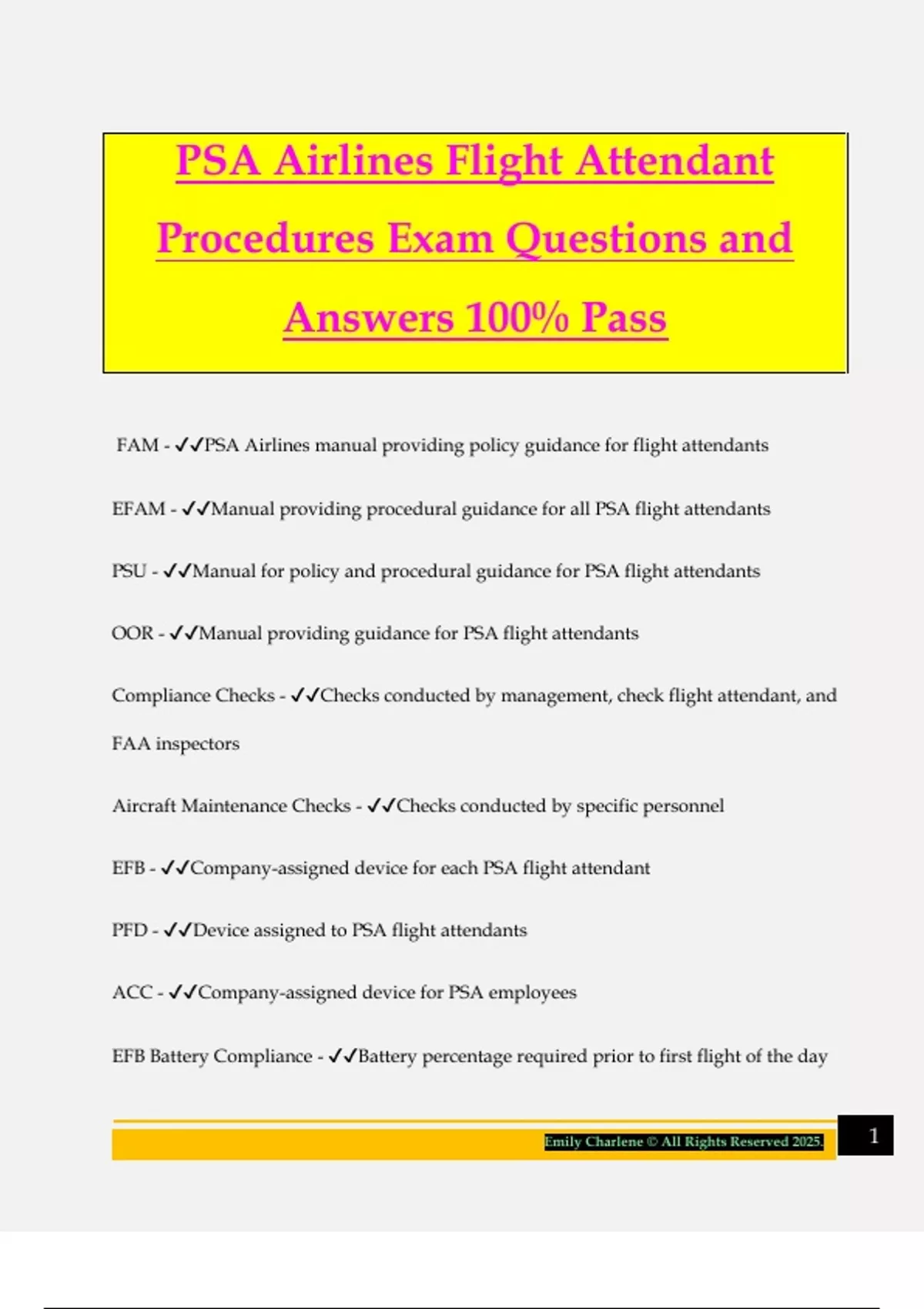 PSA Airlines Flight Attendant Procedures Exam Questions and Answers 100 ...