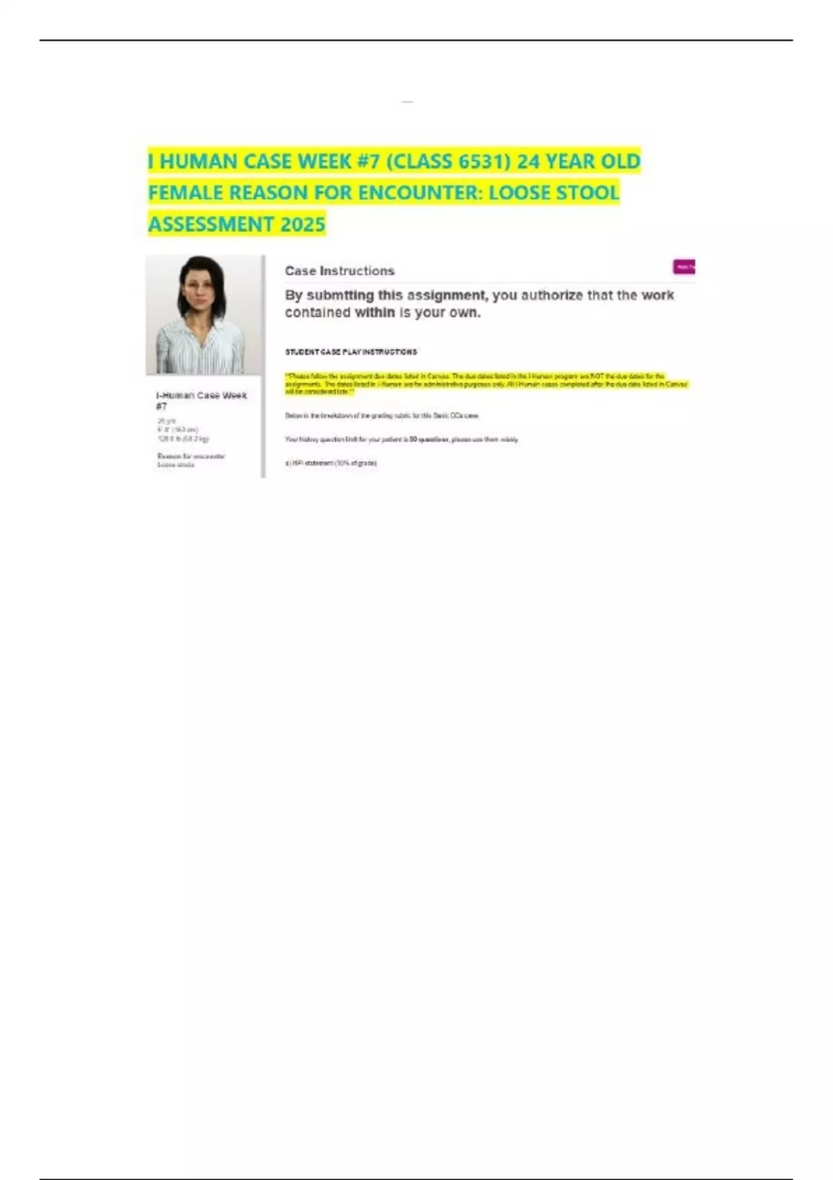 Comprehensive iHuman Case Study 25-Year-Old Female with Loose Stool - Week #7 Detailed Report ...