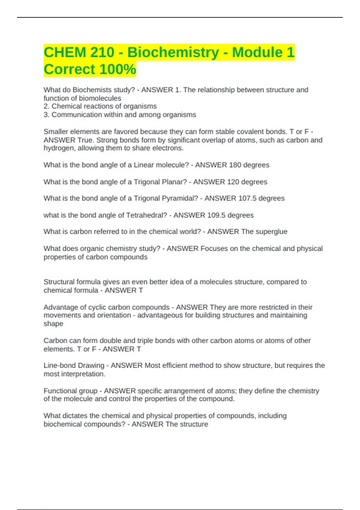 CHEM 210 - Biochemistry - Module 1 Correct 100% - CHEM 210 Biochemistry ...