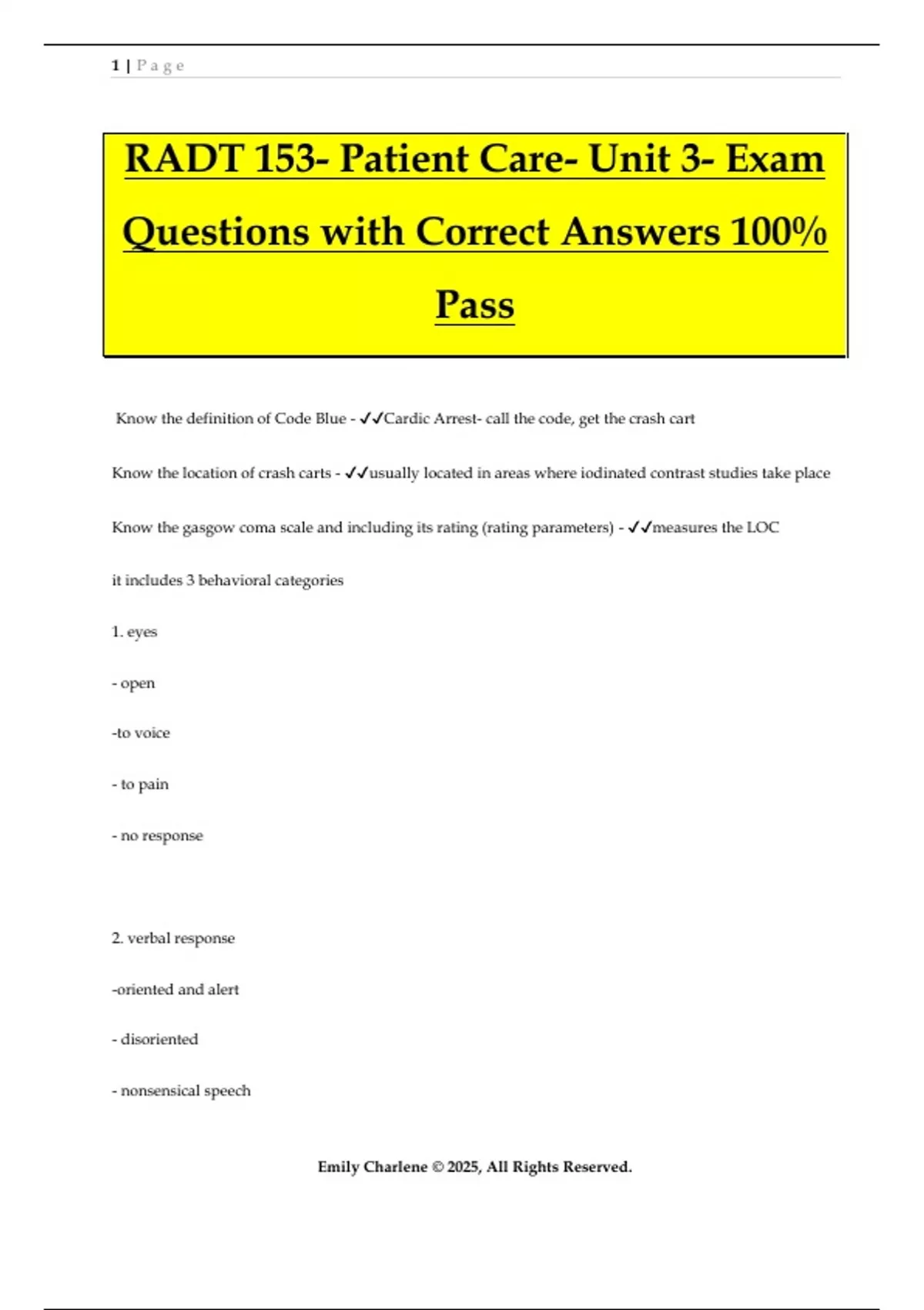 RADT 153- Patient Care- Unit 3- Exam Questions with Correct Answers 100 ...