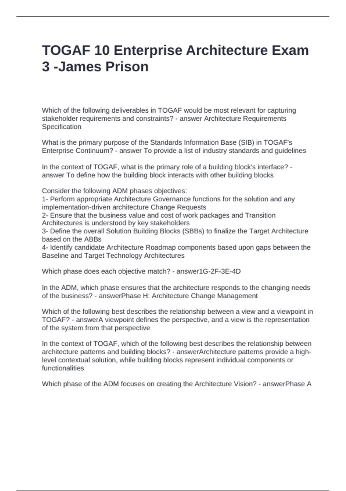 TOGAF 10 Enterprise Architecture Exam 3 -James Prison Questions and Answers 2025 - TOGAF - Stuvia US