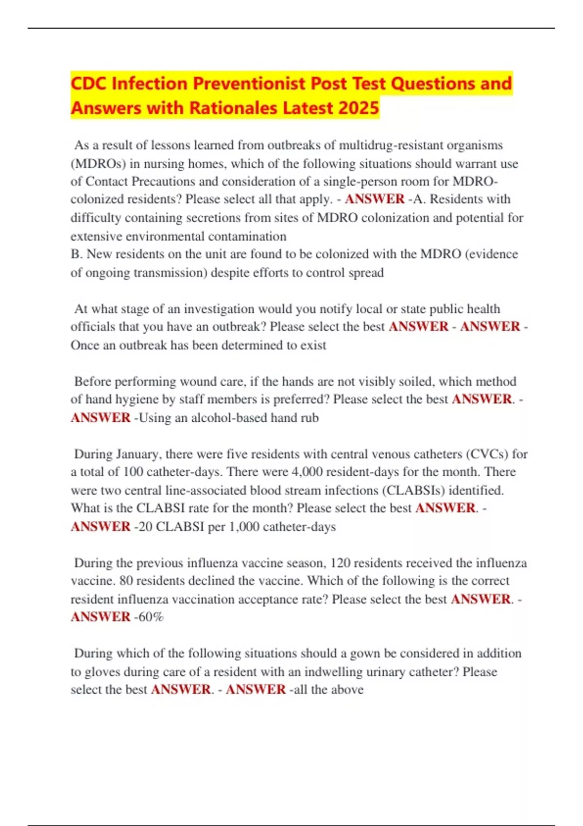 CDC Infection Preventionist Post Test Questions and Answers with ...