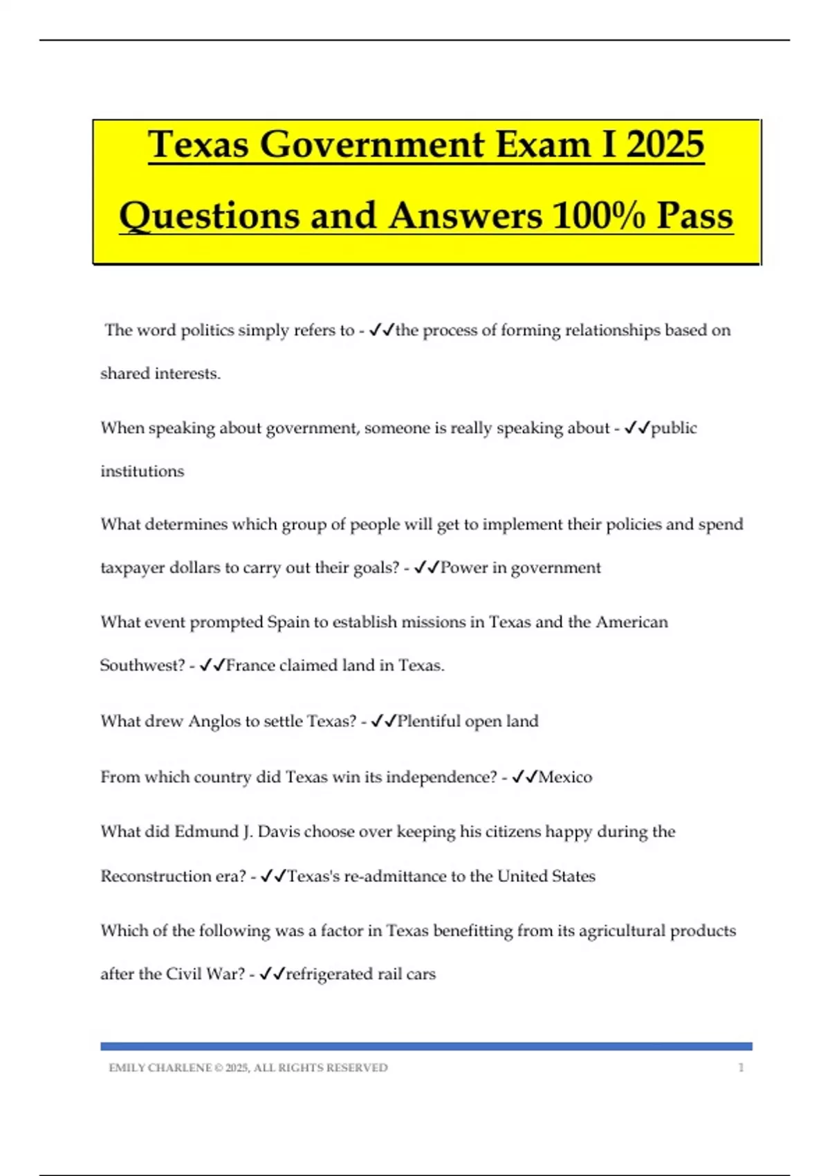Texas Government Exam I 2025 Questions and Answers 100% Pass - Texas ...