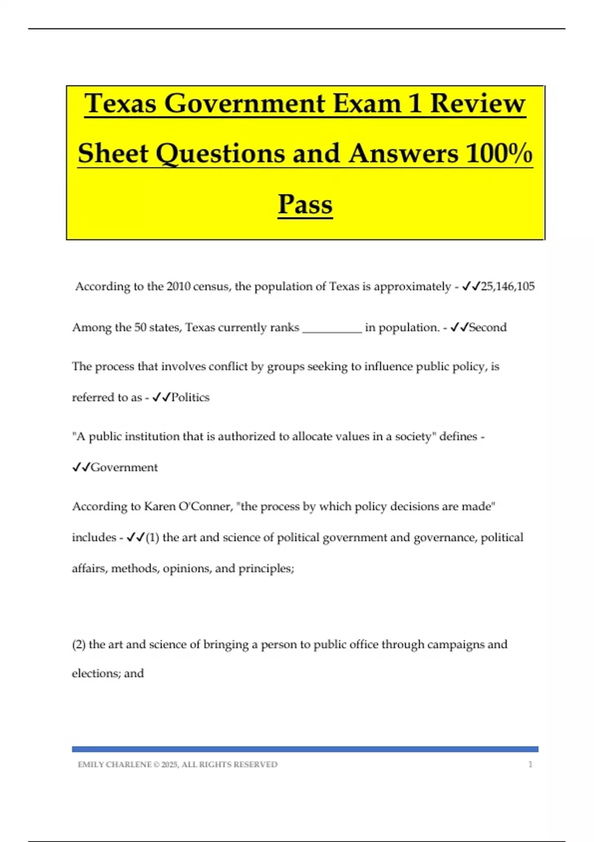 Texas Government Exam 1 Review Sheet Questions and Answers 100% Pass ...