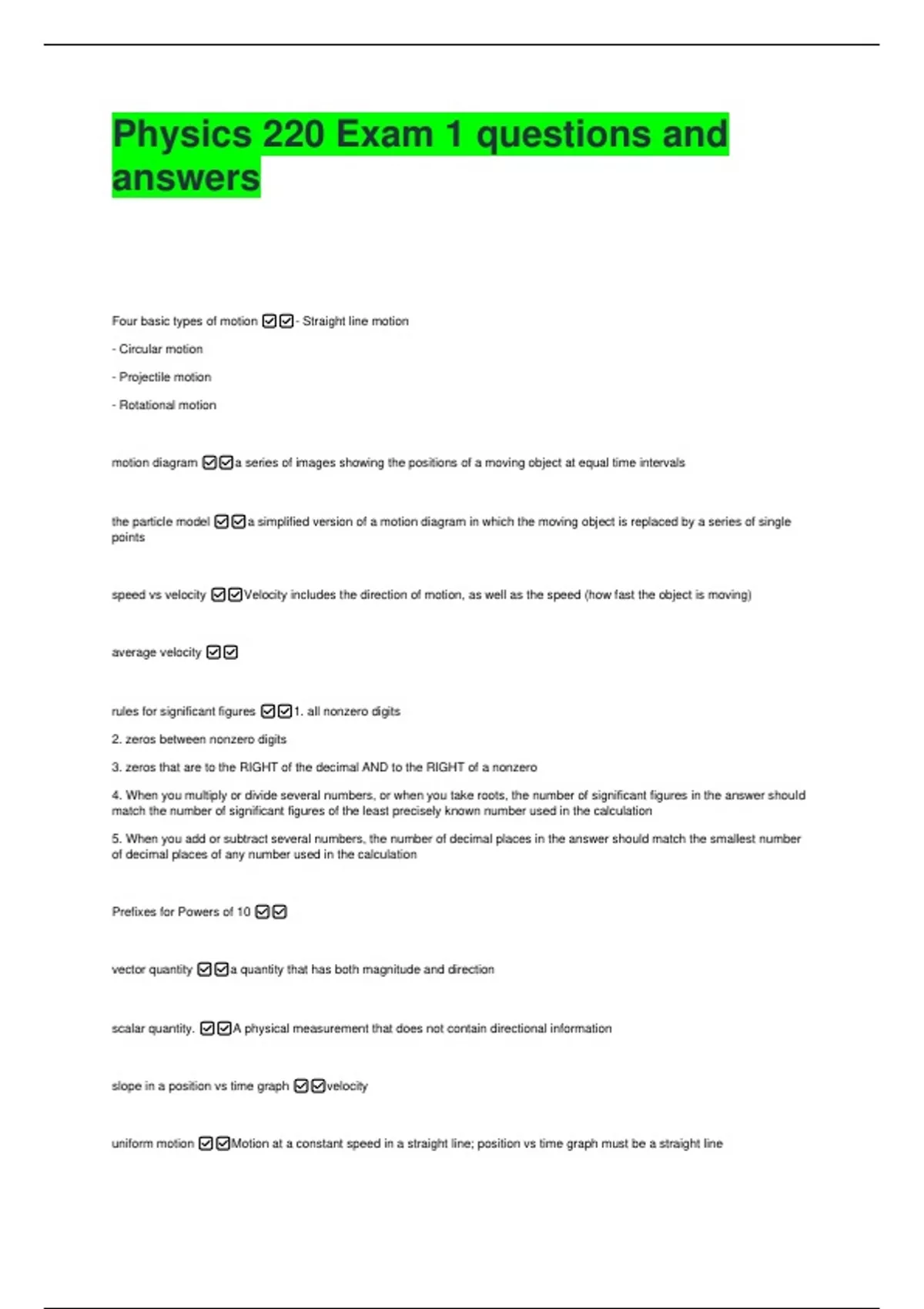 Physics 220 Exam 1 questions and answers - PHYS - Stuvia US