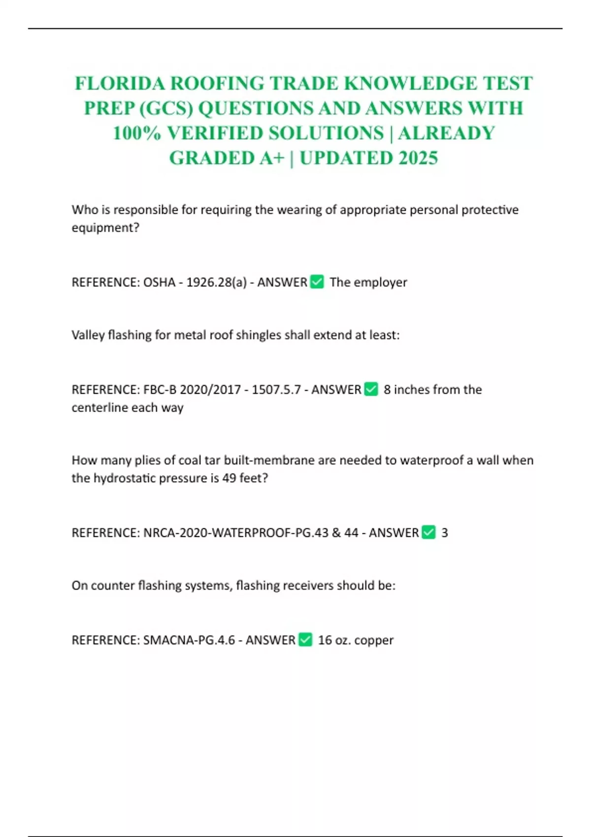 FLORIDA ROOFING TRADE KNOWLEDGE TEST PREP (GCS) QUESTIONS AND ANSWERS ...