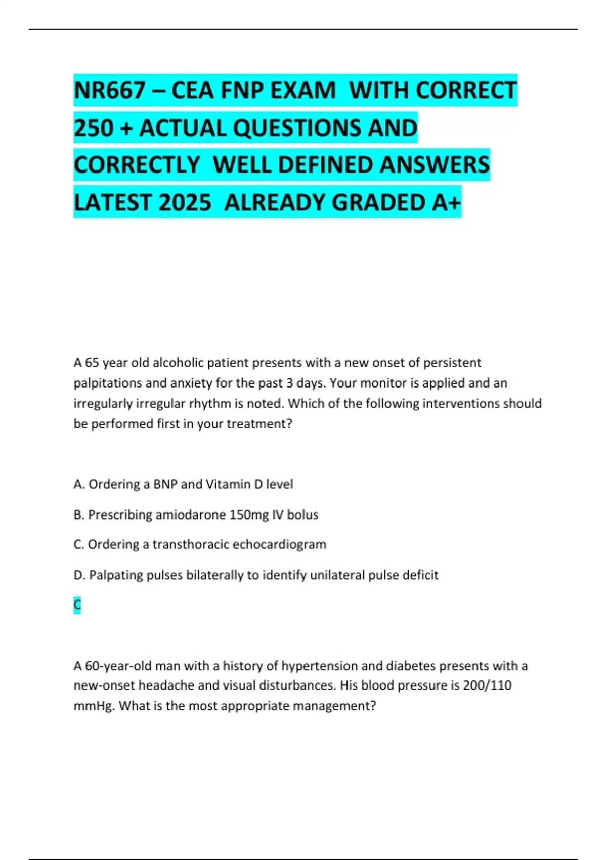 NR667 – CEA FNP EXAM WITH CORRECT 250 + ACTUAL QUESTIONS AND CORRECTLY ...