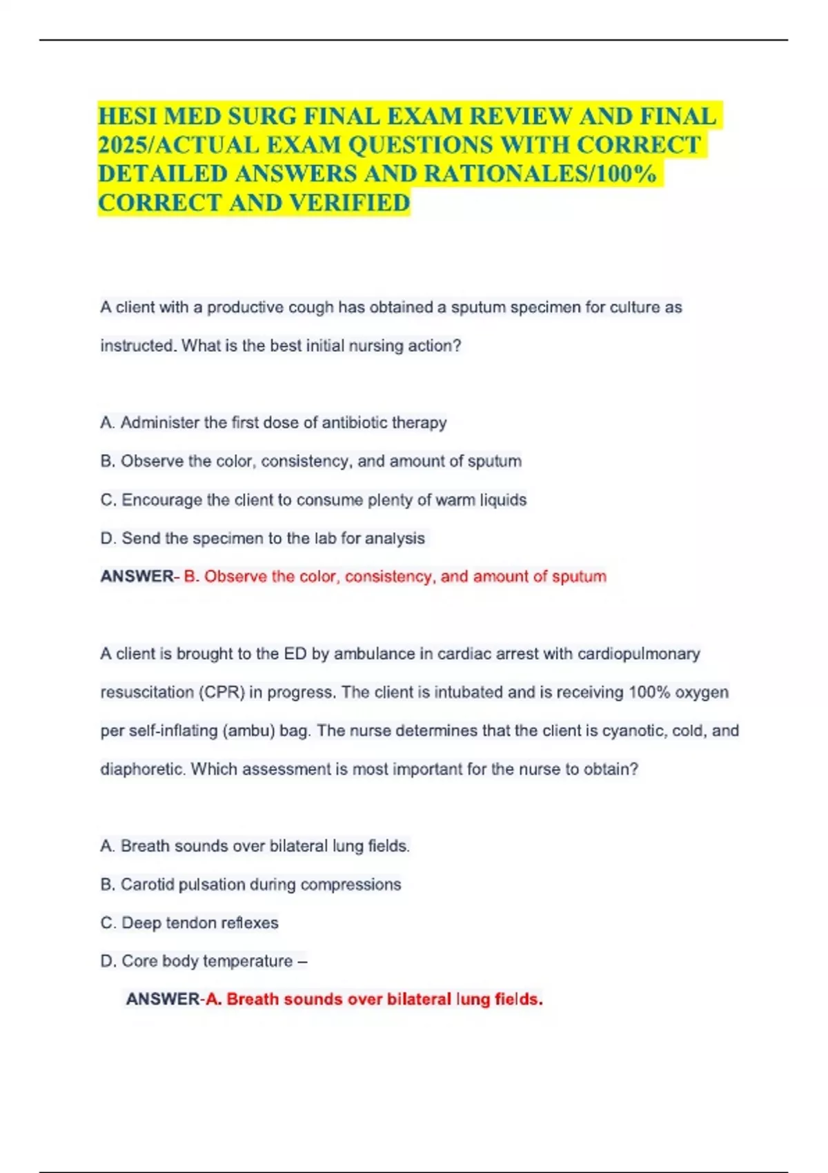 HESI MED SURG FINAL EXAM REVIEW AND FINAL 2025/ACTUAL EXAM QUESTIONS WITH CORRECT DETAILED ...