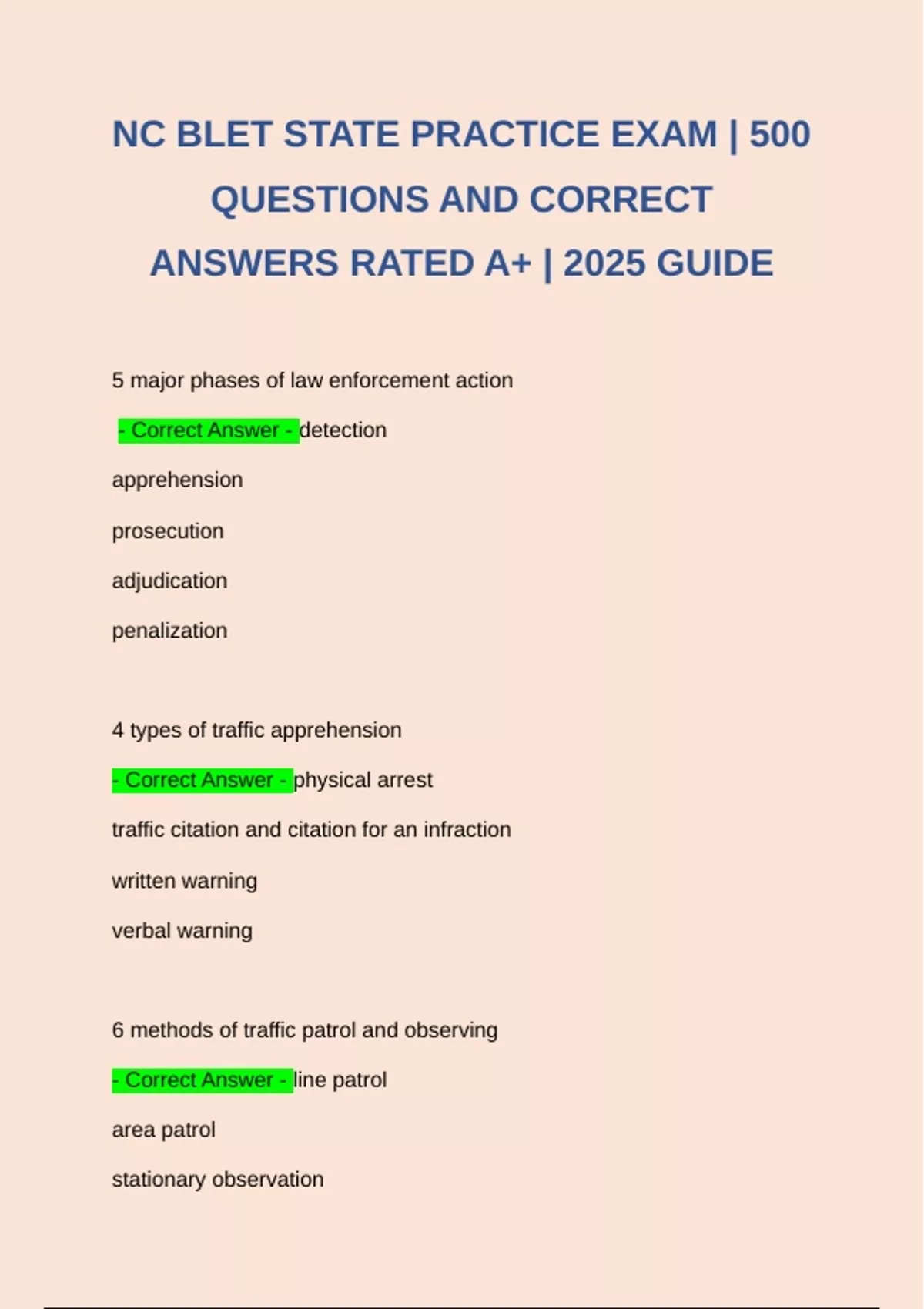NC BLET STATE PRACTICE EXAM | 500 QUESTIONS AND CORRECT ANSWERS RATED ...