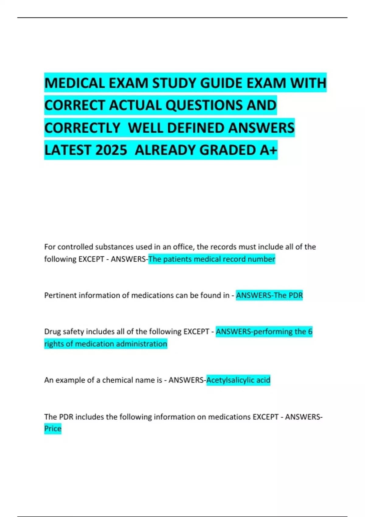 MEDICAL EXAM STUDY GUIDE EXAM WITH CORRECT ACTUAL QUESTIONS AND ...